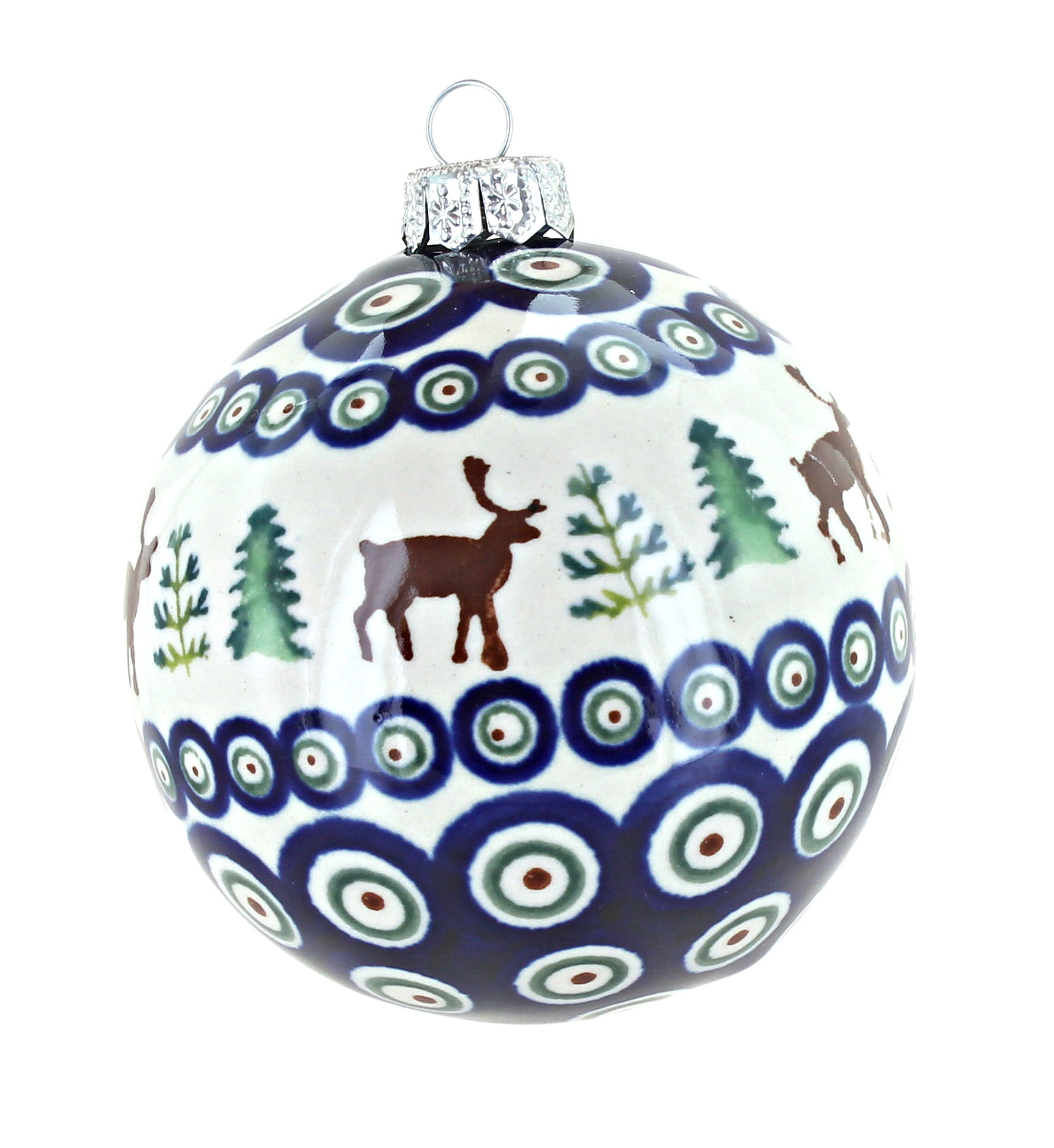Blue Rose Polish Pottery | Reindeer Pine Christmas Ornament