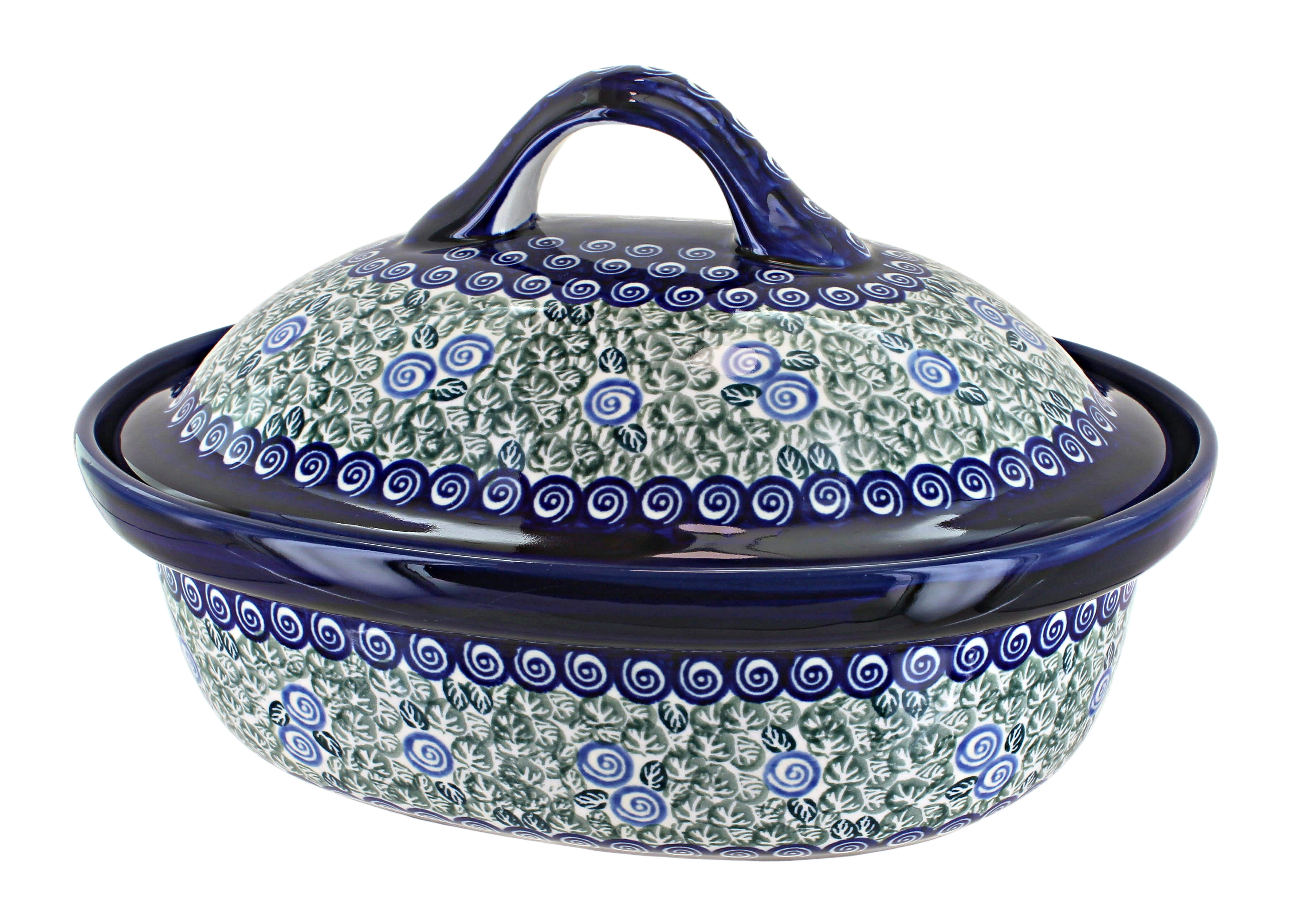 Blue Rose Polish Pottery | Seaside Swirl Roaster with Lid