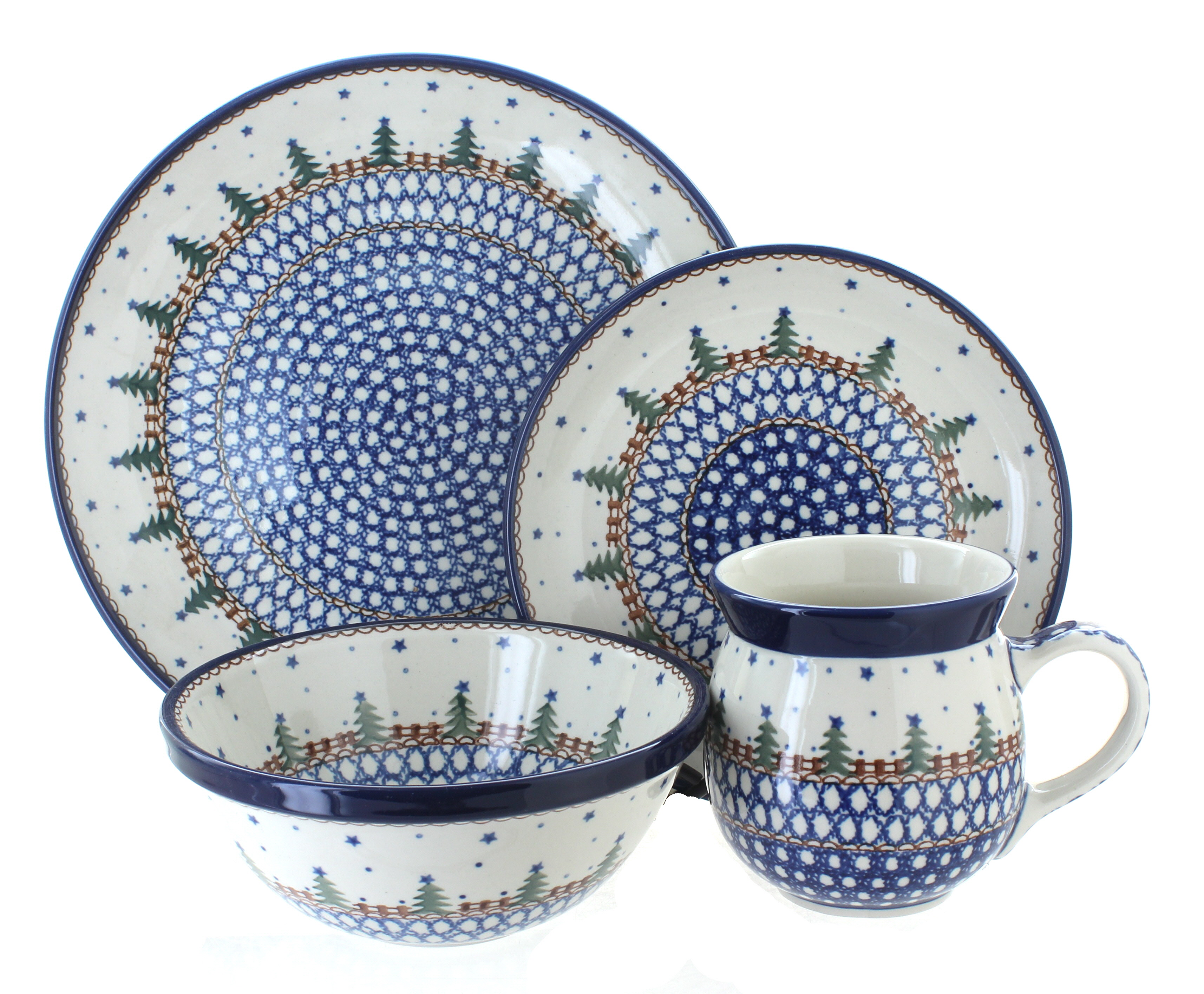 Blue Rose Polish Pottery | Rustic Pines 16 Piece Dinnerware Set