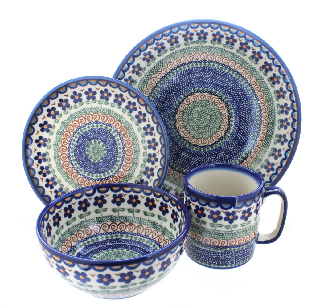 Blue Rose Polish Pottery | Aztec Flower 16 Piece Dinner Set