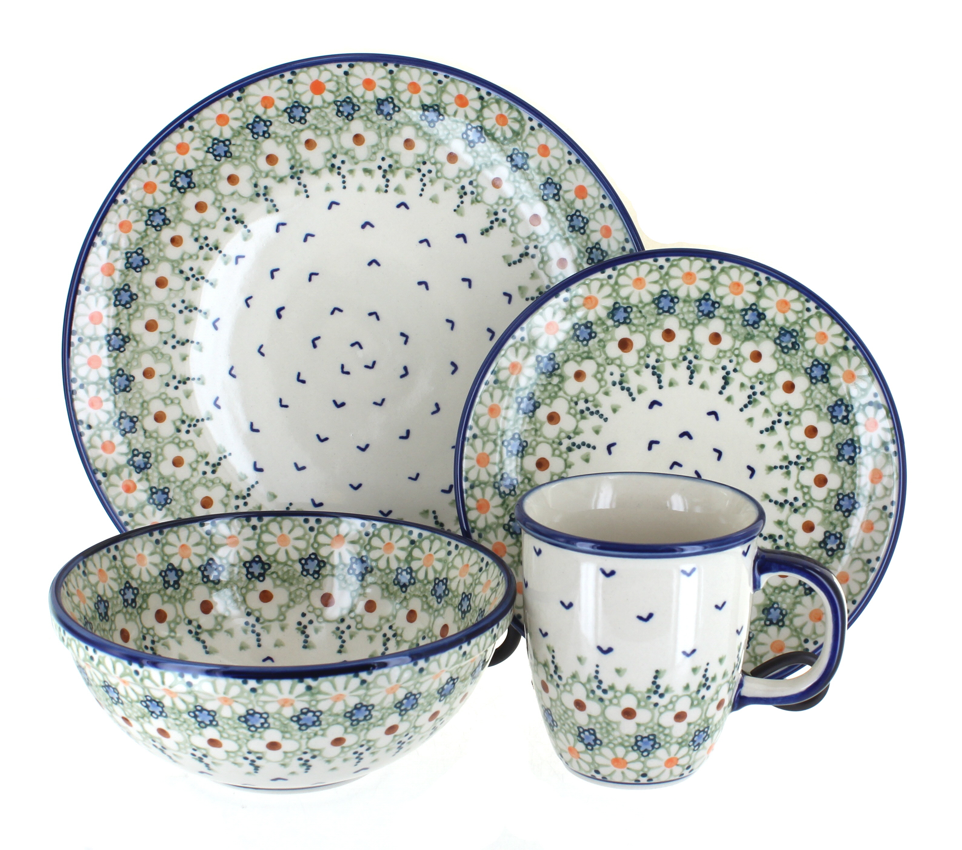 Blue Rose Polish Pottery | Green Daisy 16 Piece Dinnerware Set