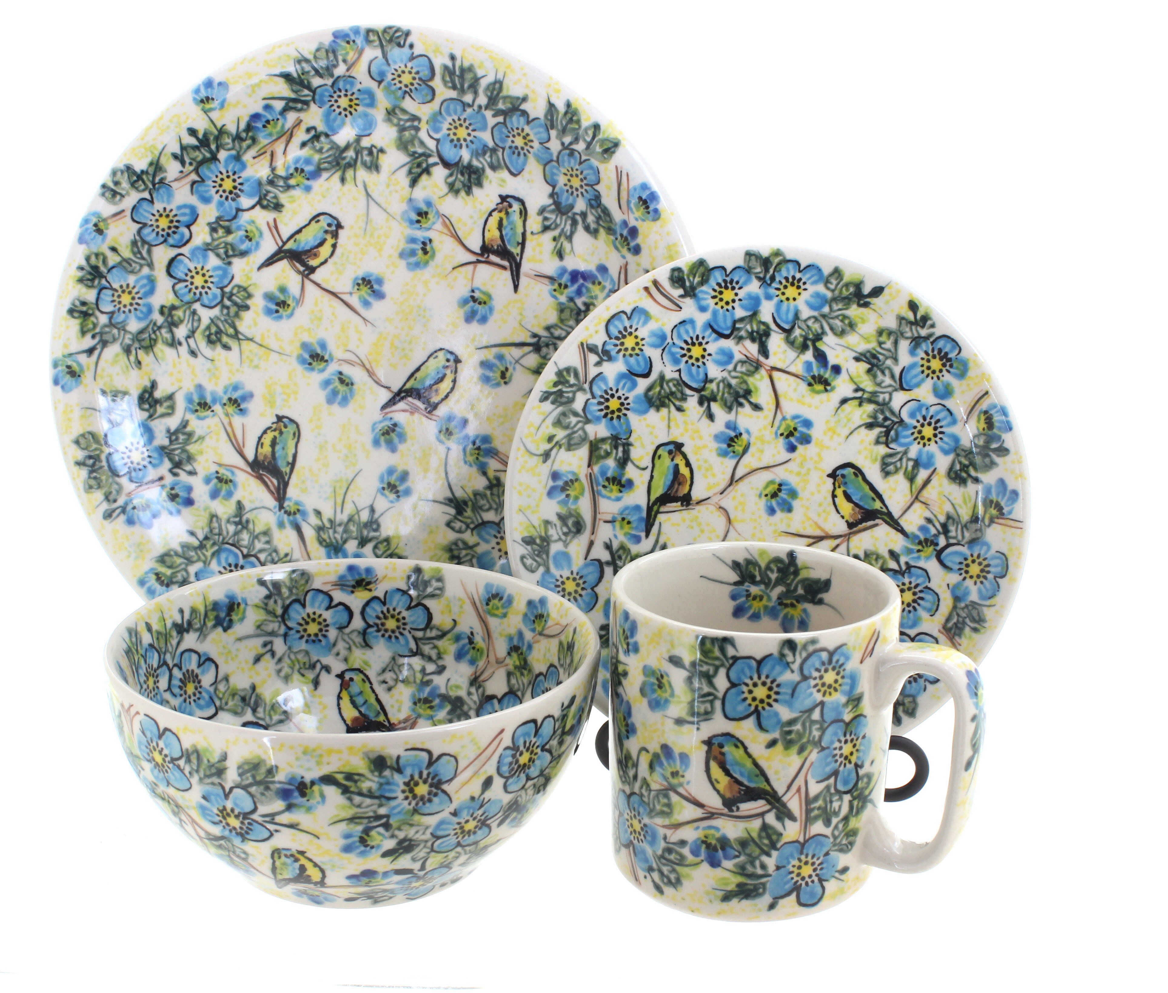 Blue Rose Polish Pottery | Bluebird Garden 4 PC Place Setting - Service ...
