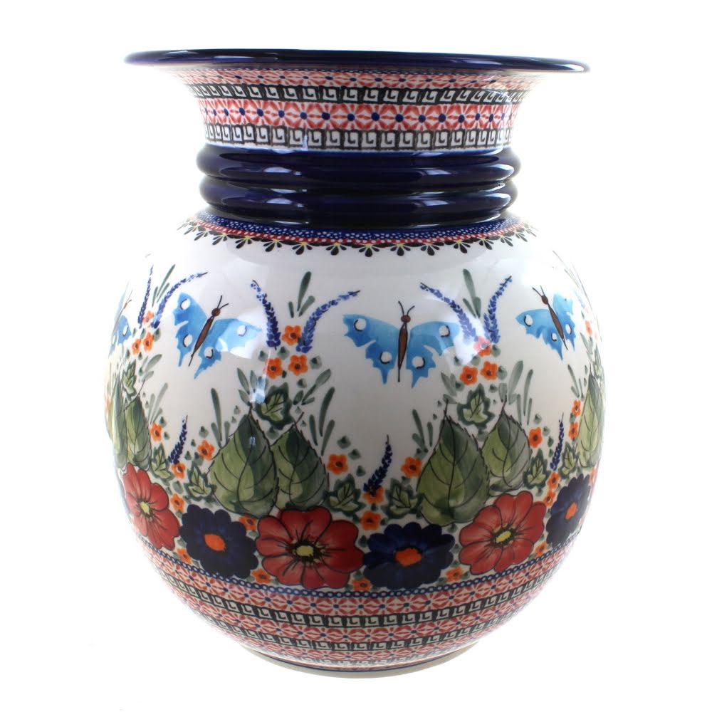 Blue Rose Polish Pottery | Floral Butterfly Floor Vase