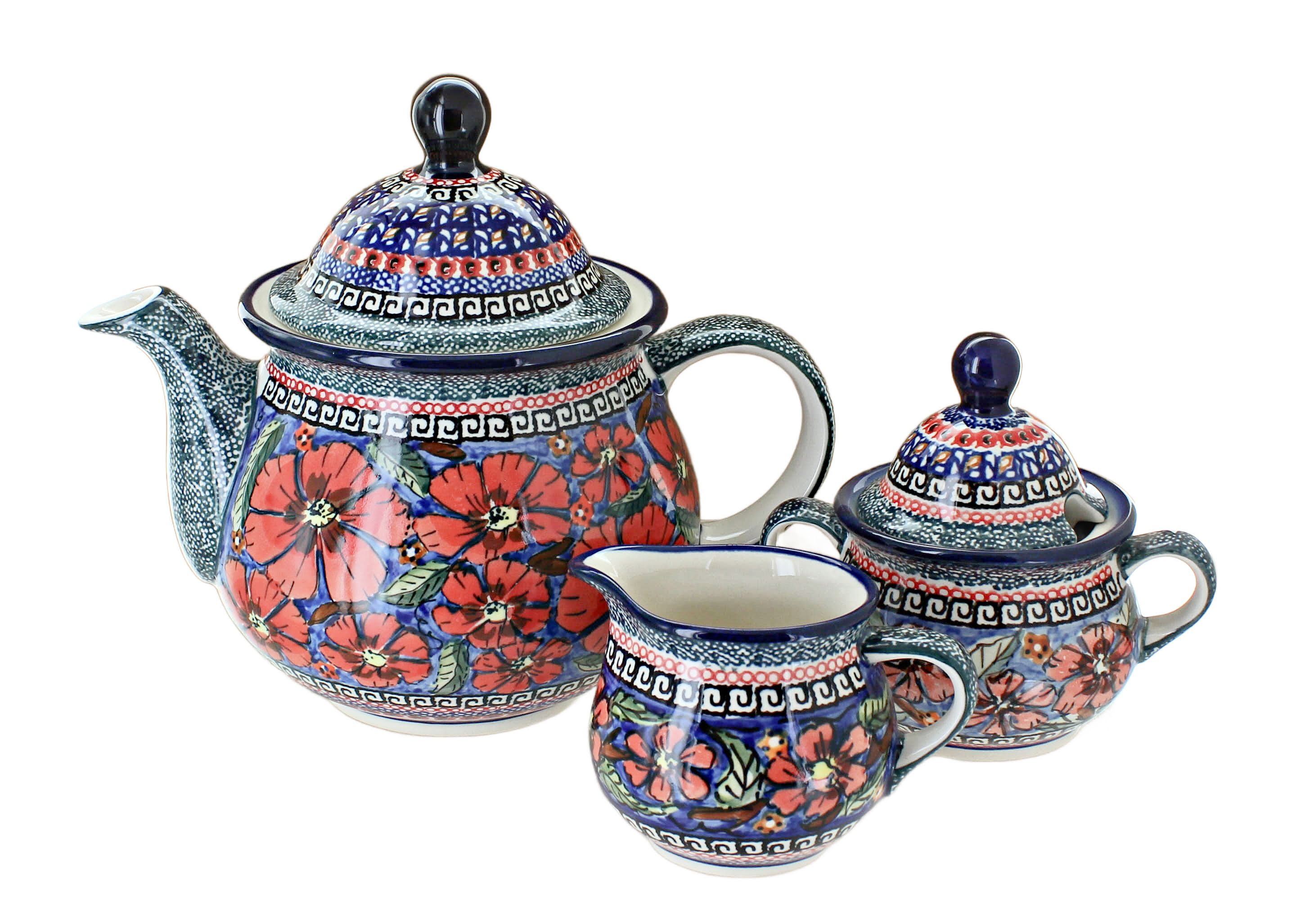 Blue Rose Polish Pottery | Jungle Flower Three Piece Tea Set