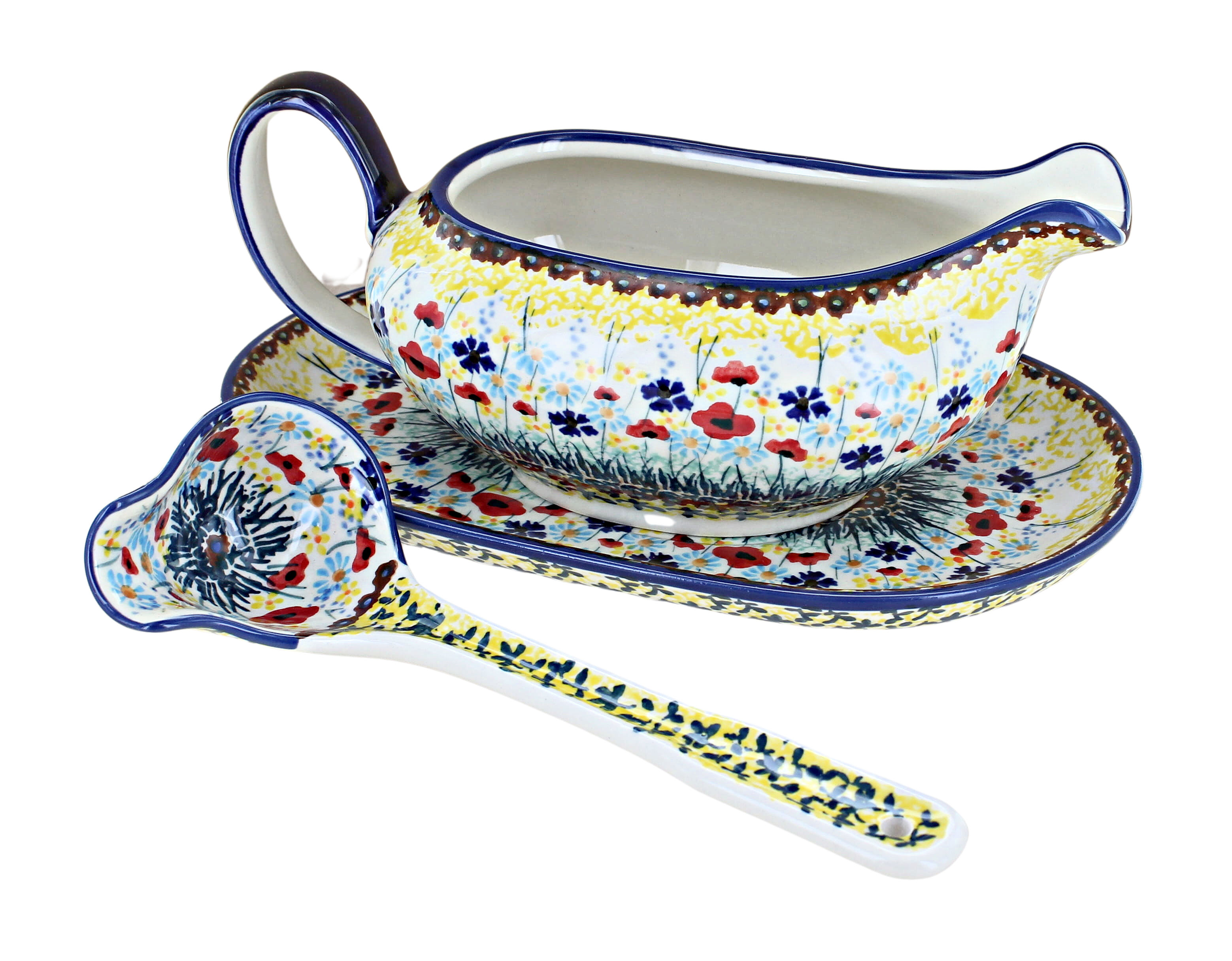 Blue Rose Polish Pottery | Prairie Garden Gravy Boat & Ladle