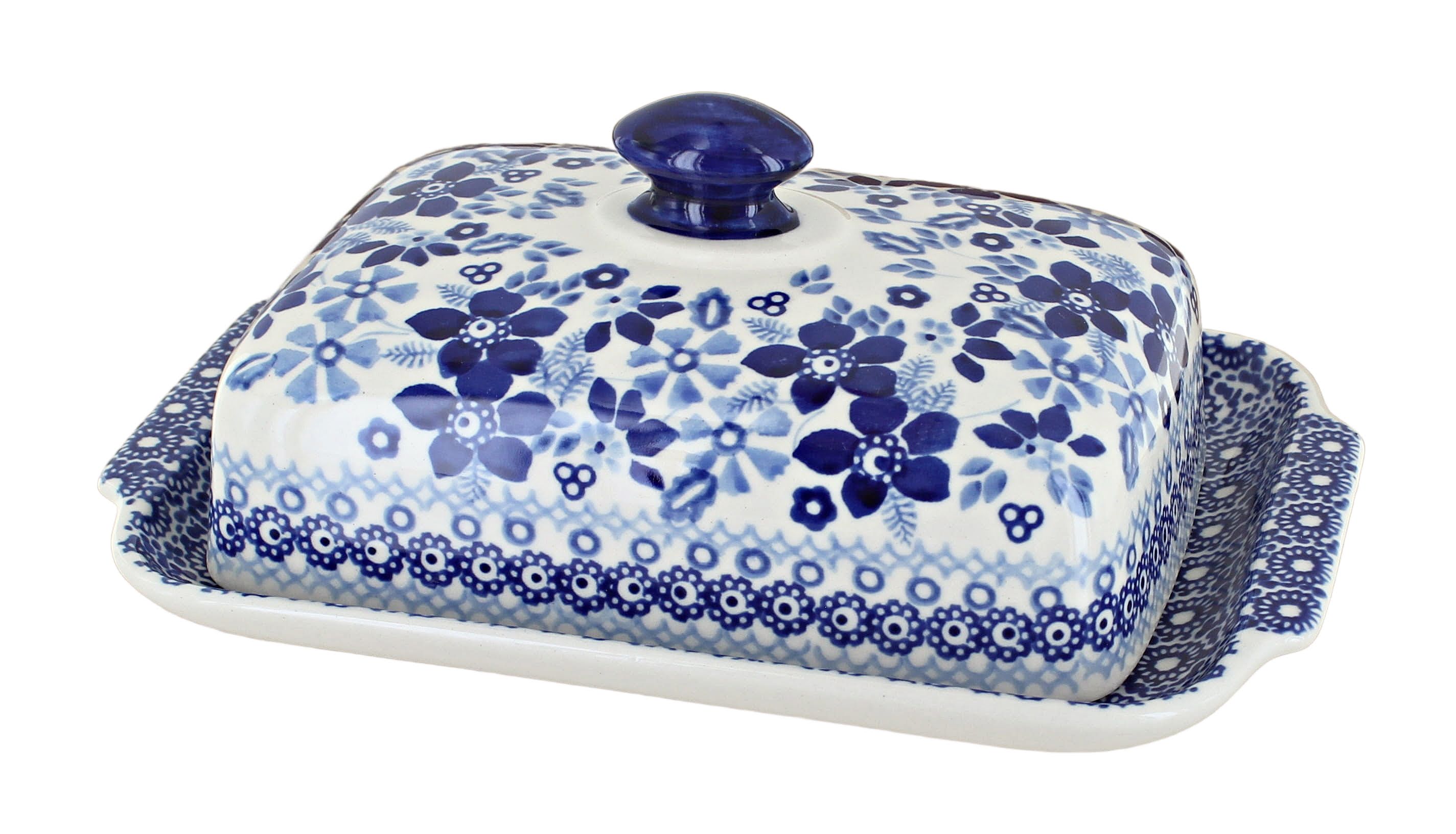 Blue Rose Polish Pottery | Vintage Blue Daisy Large Butter Dish
