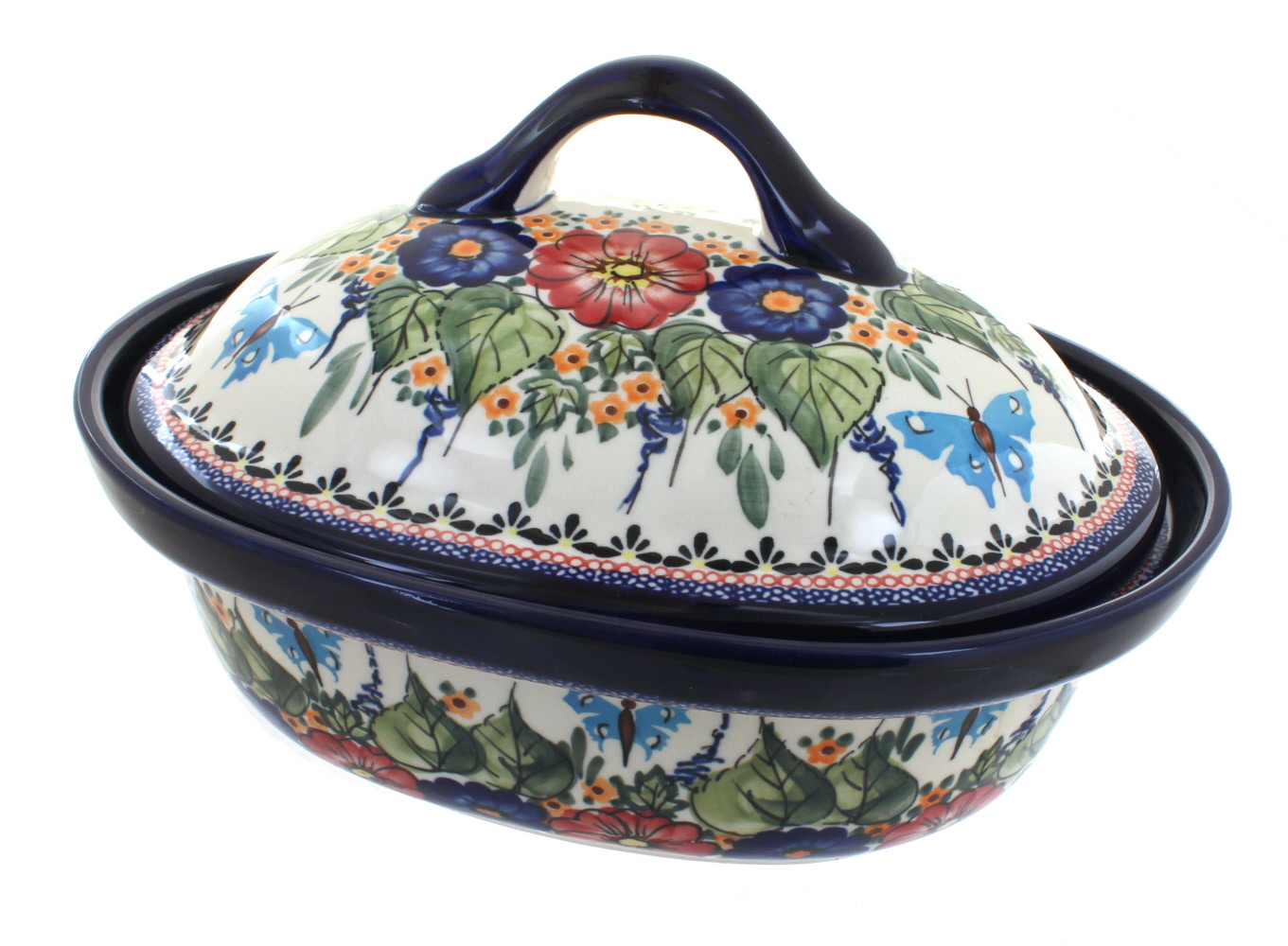 Blue Rose Polish Pottery | Floral Butterfly Roaster with Lid