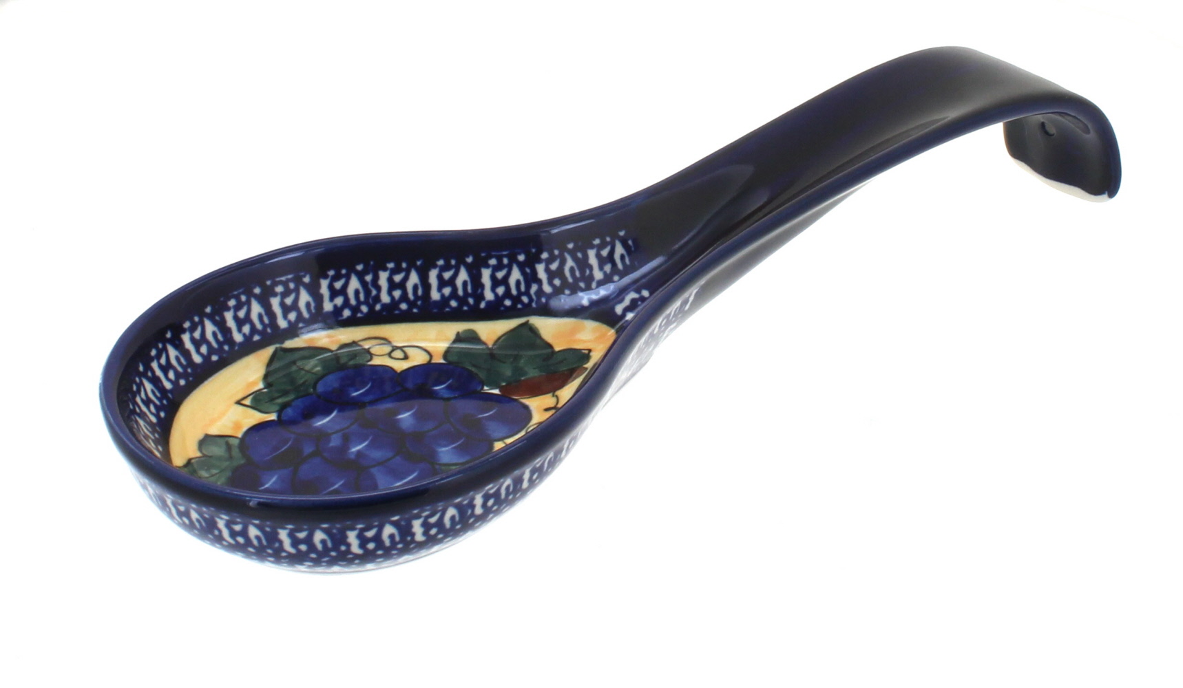 Blue Rose Polish Pottery | Grapes Large Spoon Rest with Cobalt Trim