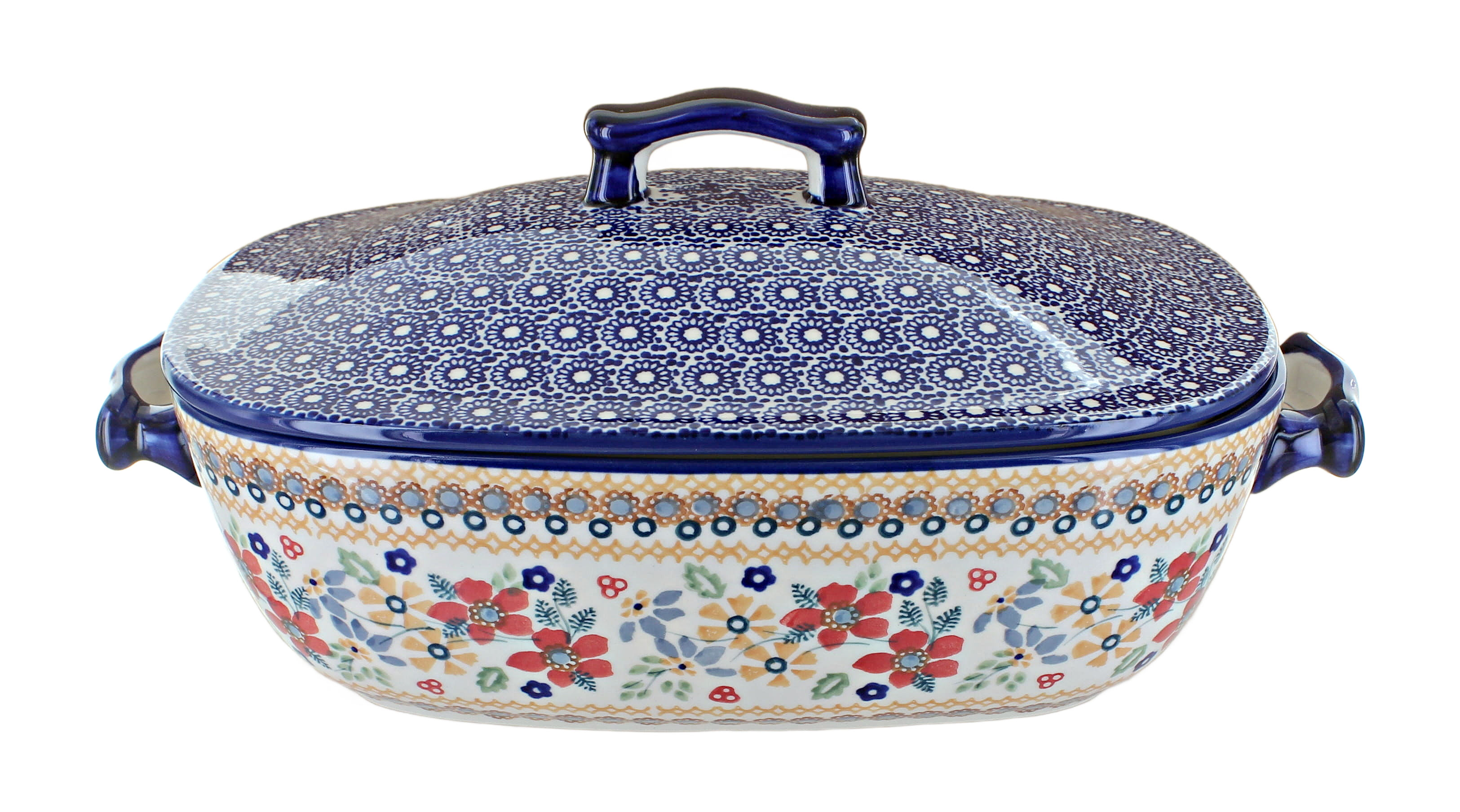 Blue Rose Polish Pottery | Red Daisy Roaster with Lid