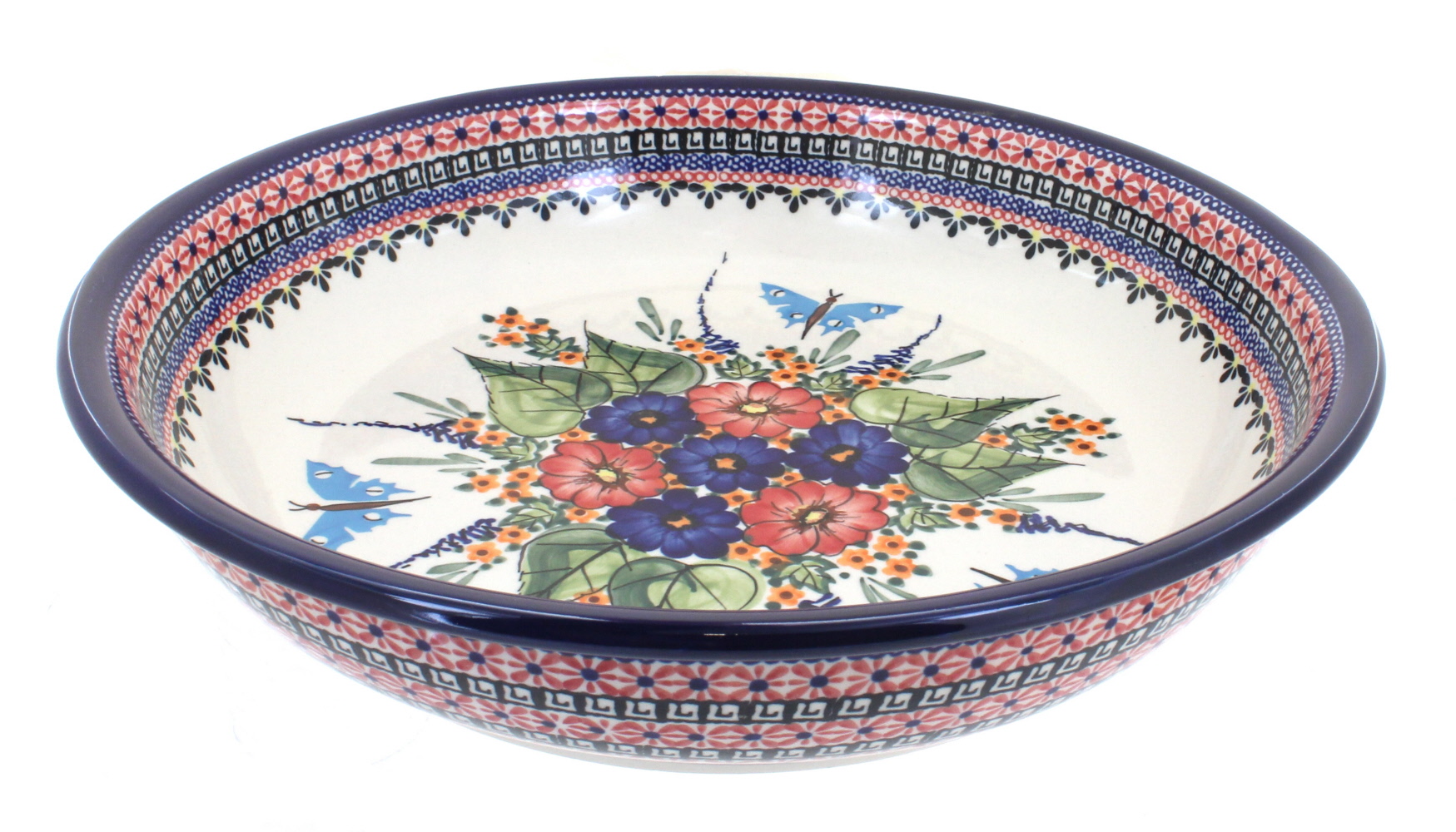 Blue Rose Polish Pottery | Floral Butterfly Large Shallow Serving Bowl