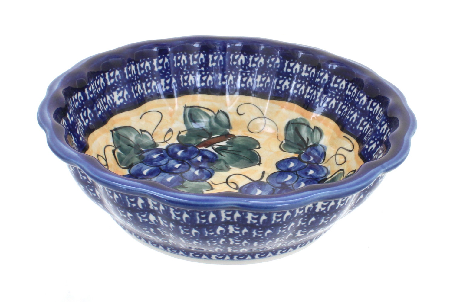 Blue Rose Polish Pottery | Grapes Medium Scallop Bowl with Cobalt Trim