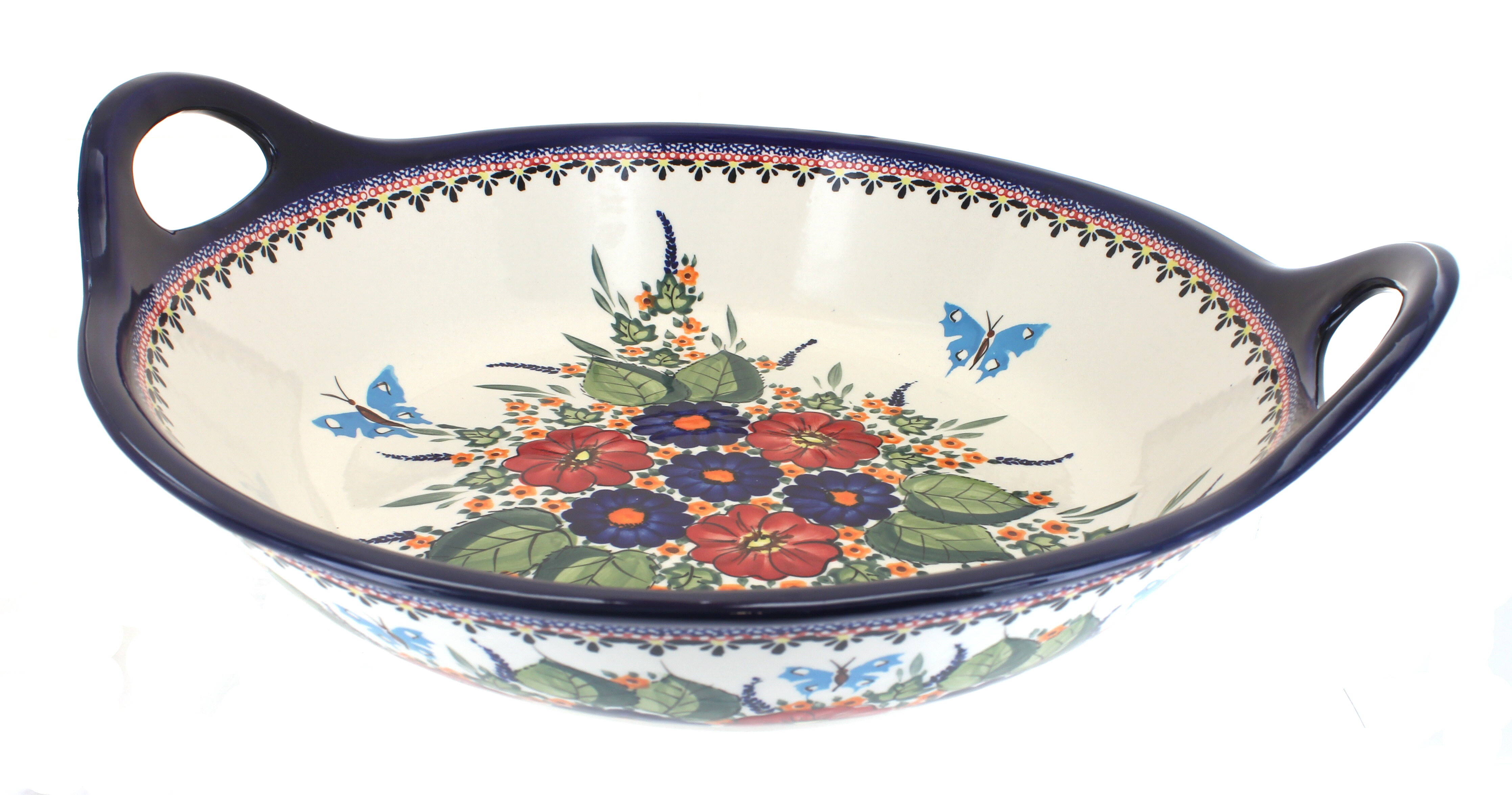 Blue Rose Polish Pottery | Floral Butterfly Large Deep Bowl with Handles