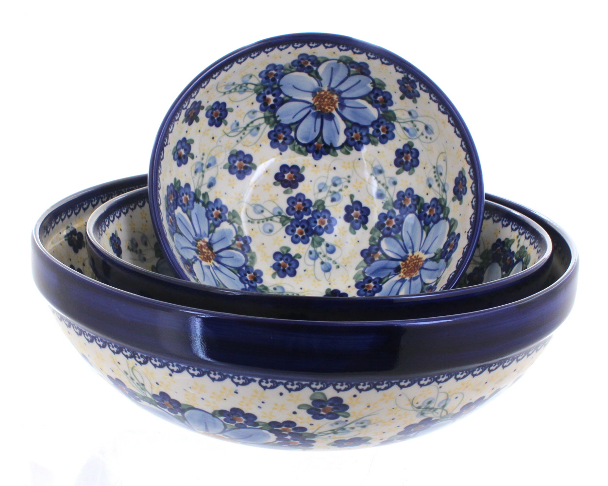 Blue Rose Polish Pottery | Daisy Surprise 3 Piece Serving Bowl Set
