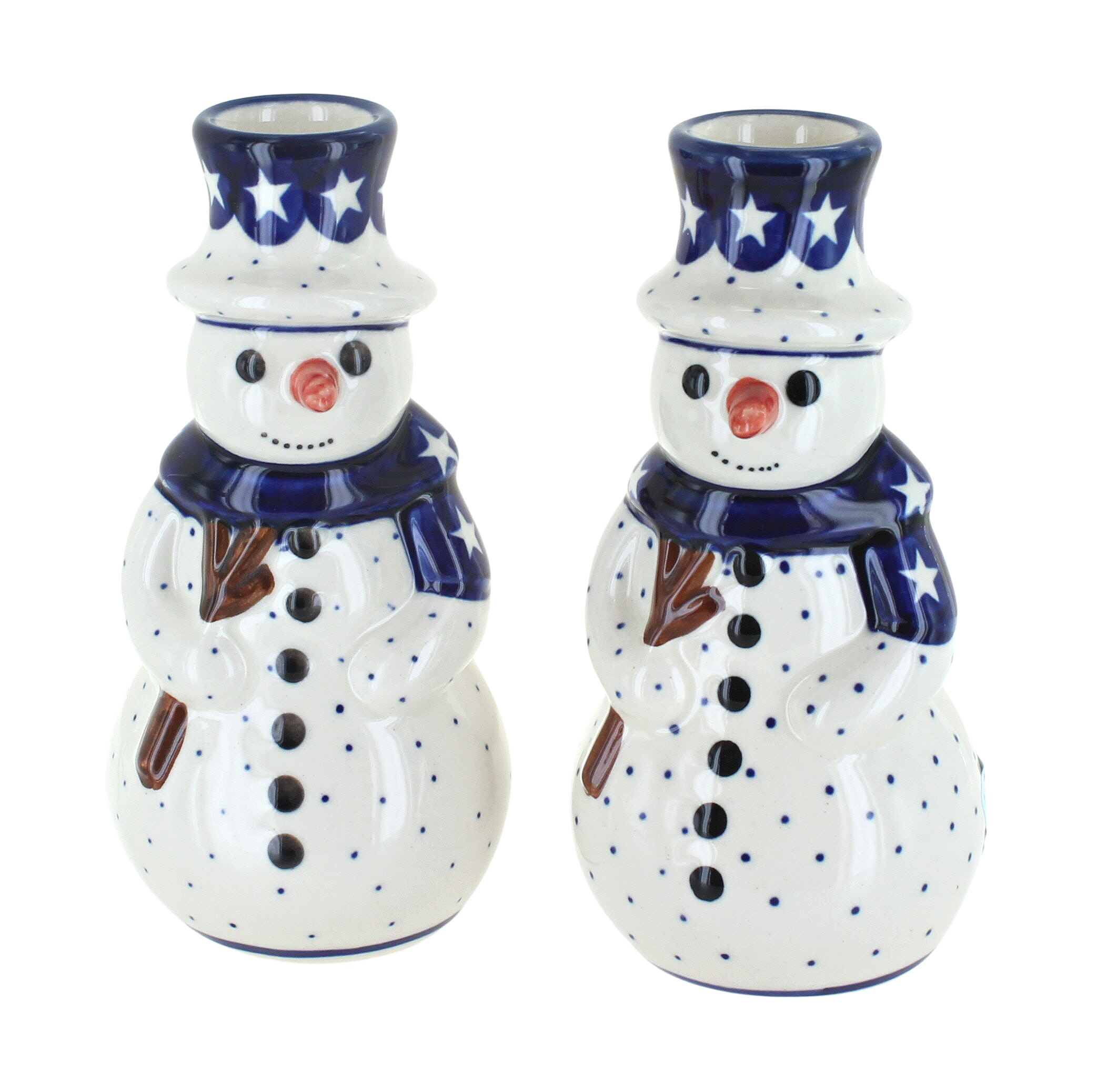 Blue Rose Polish Pottery | Snowman Candlestick Pair