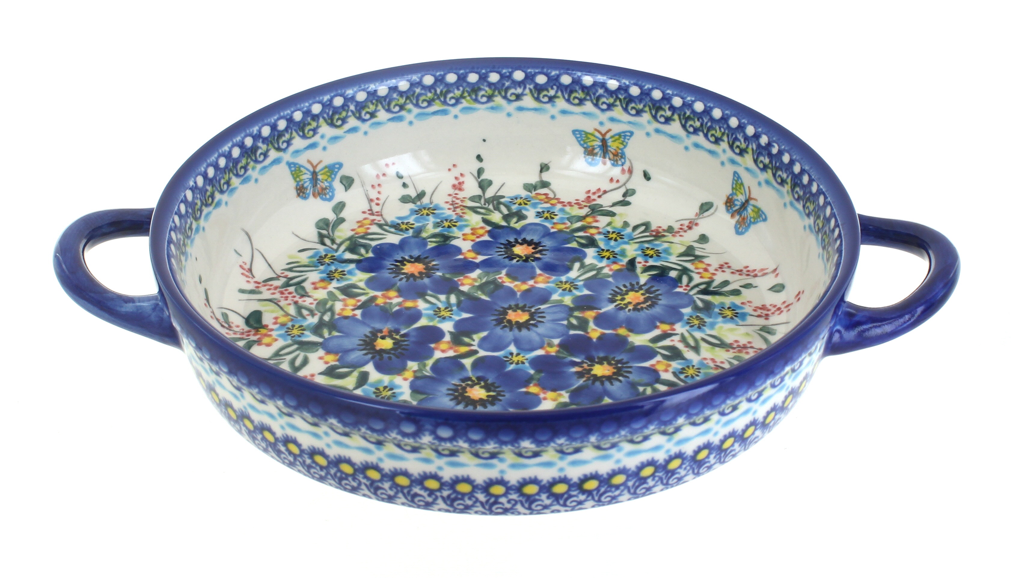 Blue Rose Polish Pottery | Garden of Blue Small Round Baker with Handles