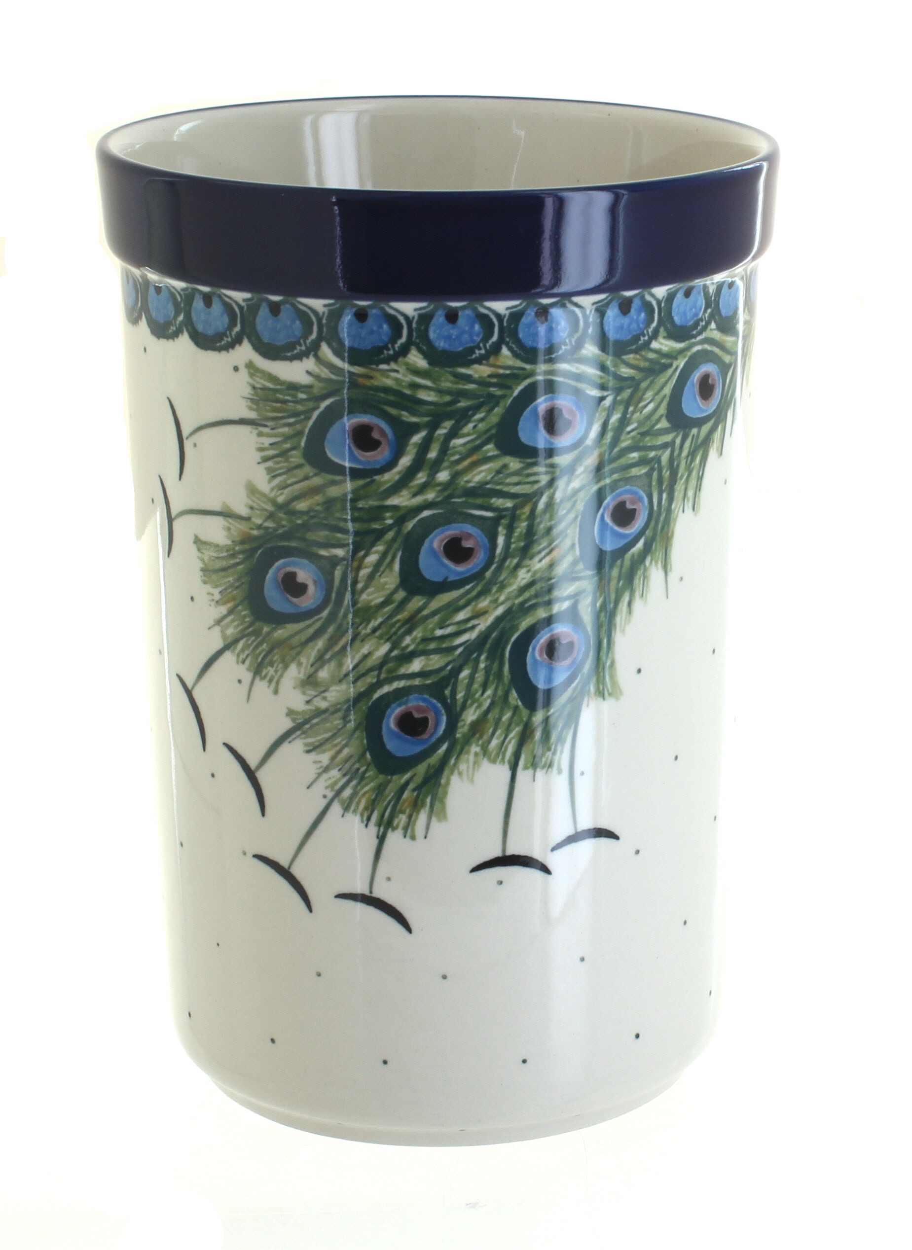 Blue Rose Polish Pottery | Peacock Feather Utensil Jar