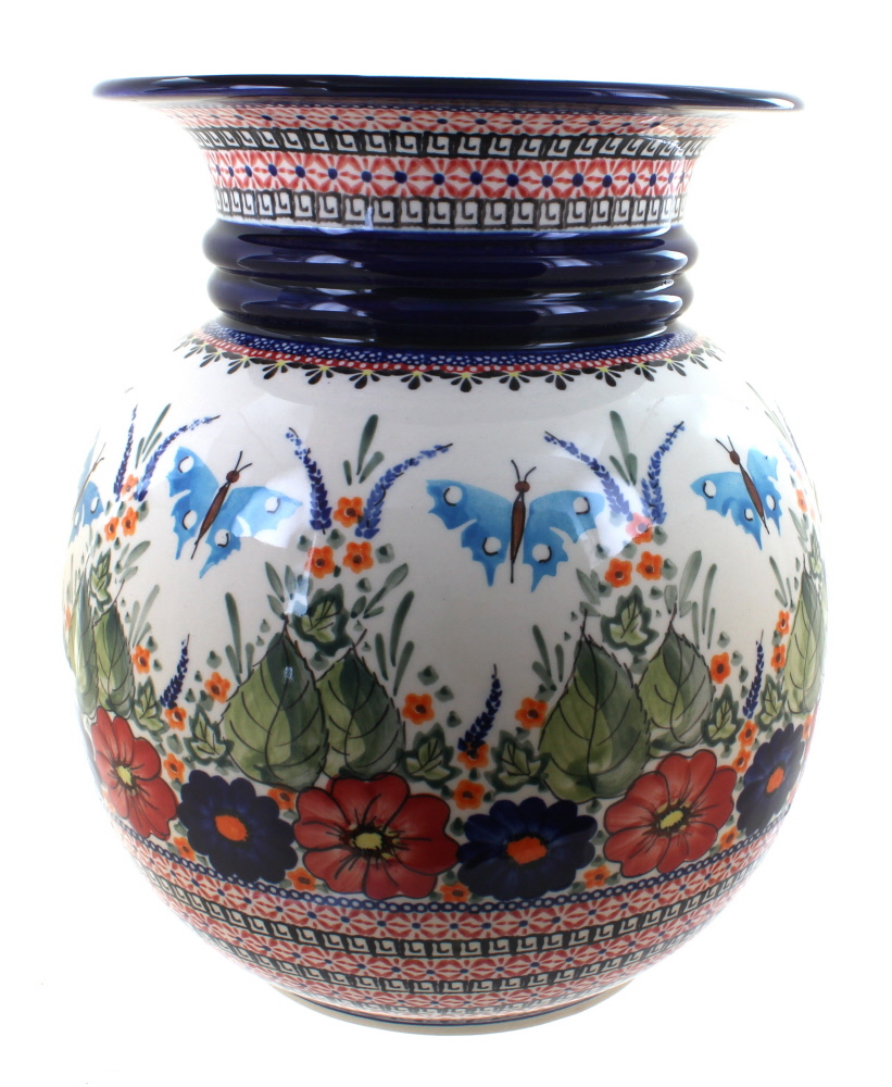 Blue Rose Polish Pottery | Floral Butterfly Floor Vase