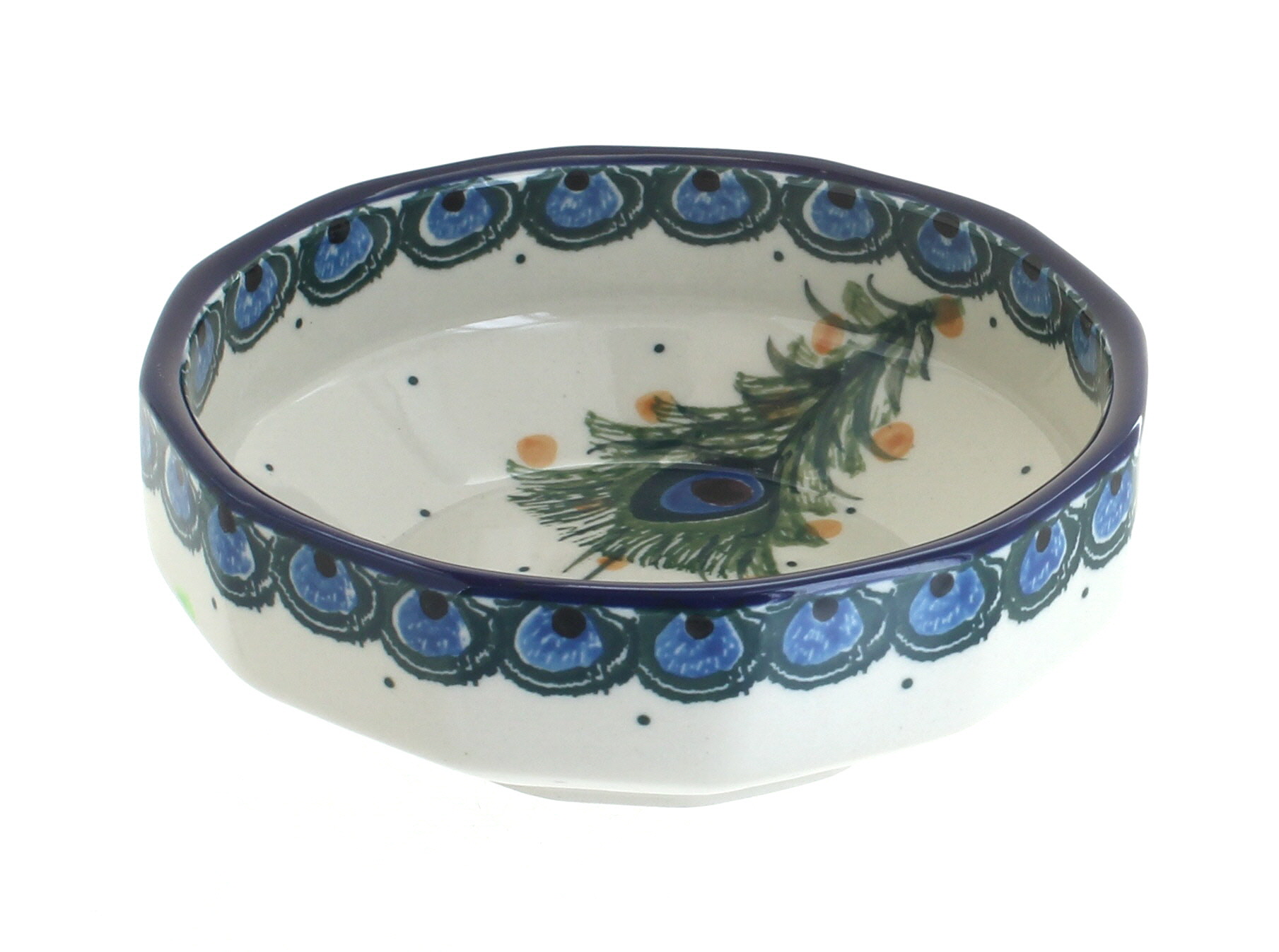 Blue Rose Polish Pottery | Peacock Feather Small Angular Bowl