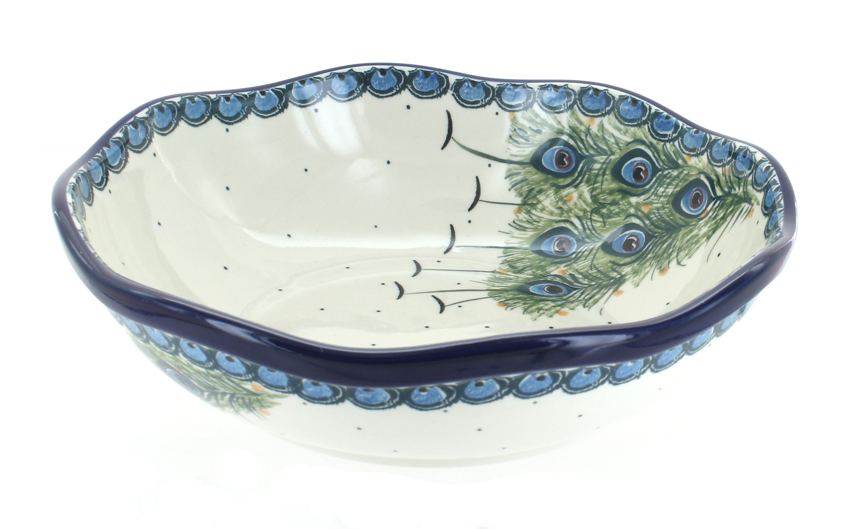 Blue Rose Polish Pottery | Peacock Feather Large Scallop Bowl