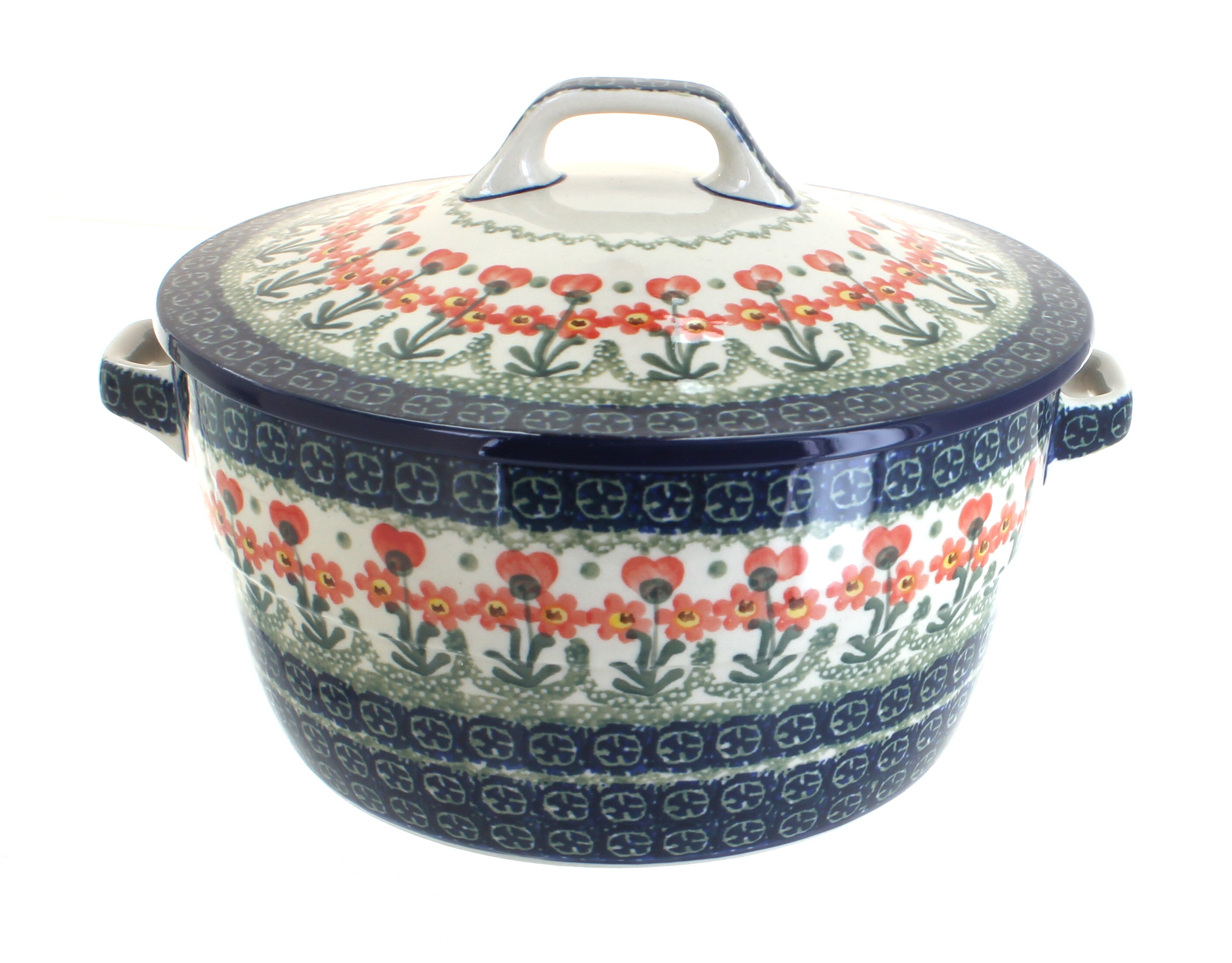 Blue Rose Polish Pottery | Peach Posy Covered Round Baker