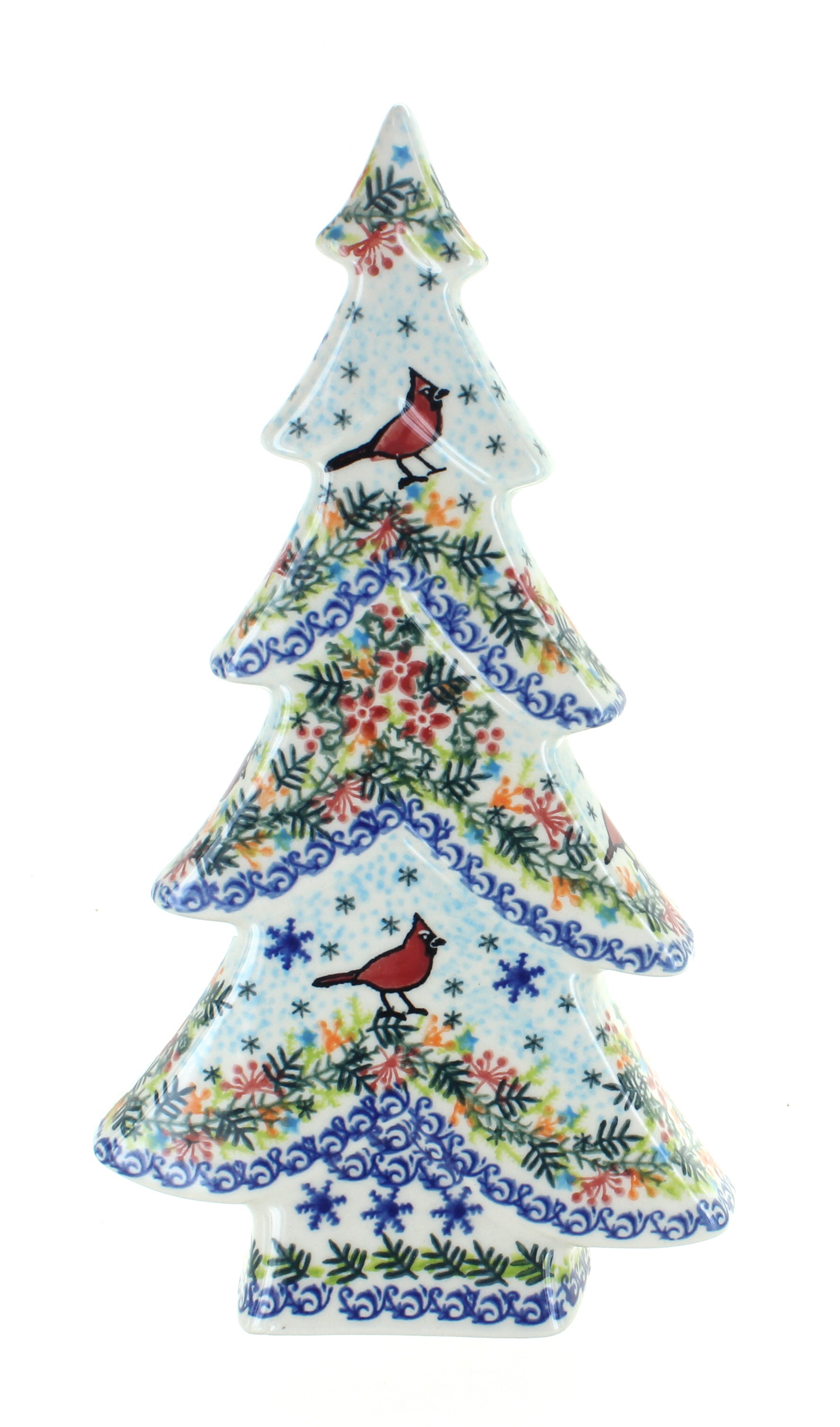 Blue Rose Polish Pottery | Winter Cardinal Flat Christmas Tree