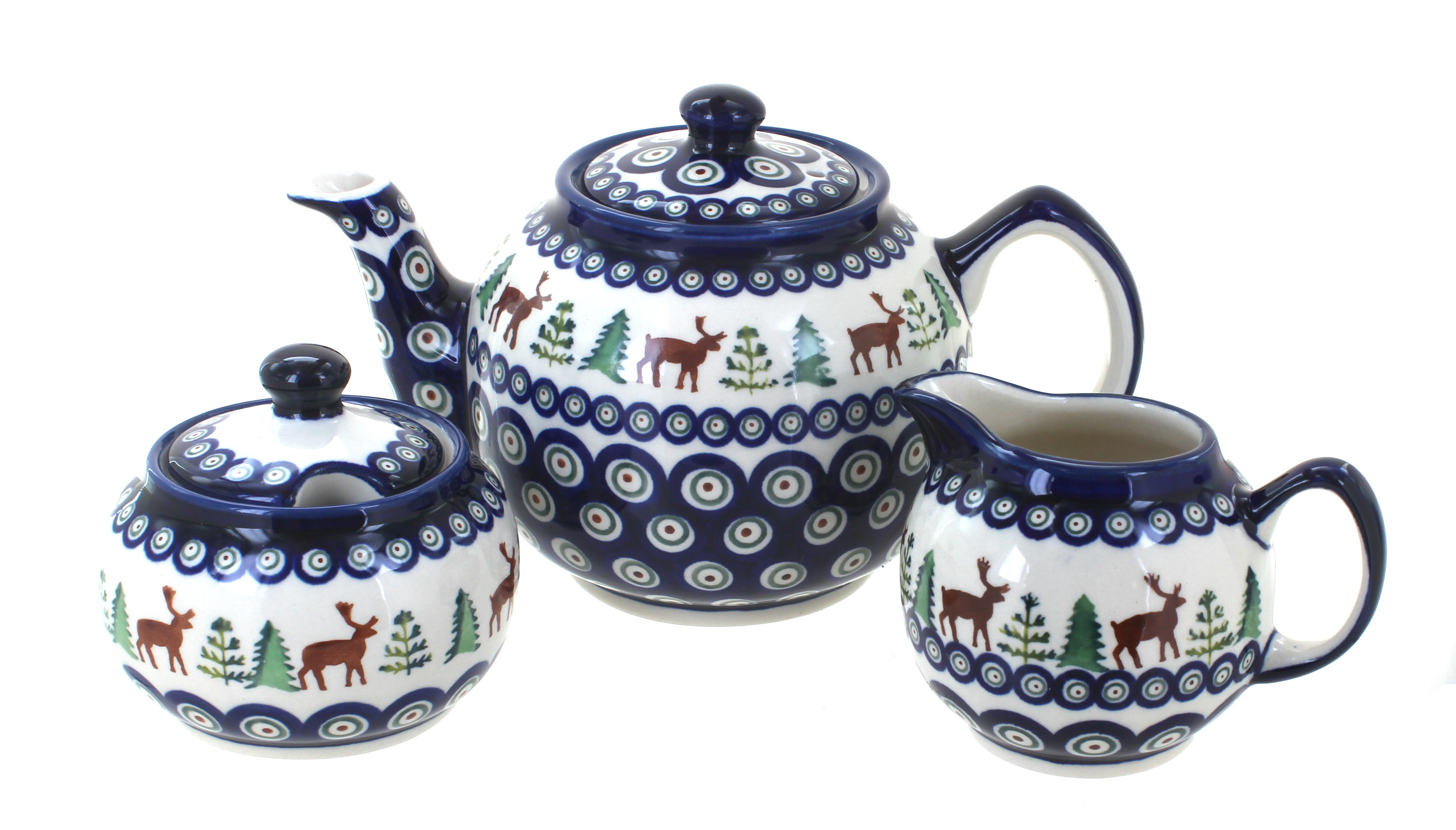 Blue Rose Polish Pottery | Reindeer Pine Three Piece Tea Set