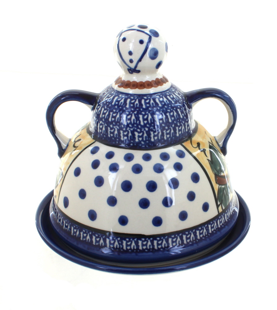 Blue Rose Polish Pottery | Grapes Cheese Lady with Cobalt Trim