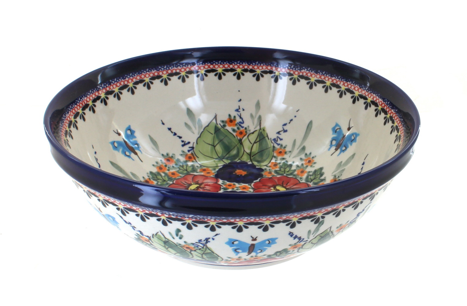 Blue Rose Polish Pottery | Floral Butterfly Large Serving Bowl