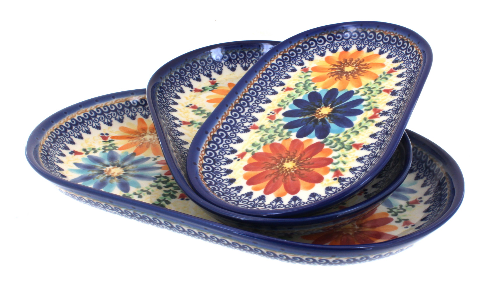 Blue Rose Polish Pottery | Autumn Burst 3 Piece Oval Server Set