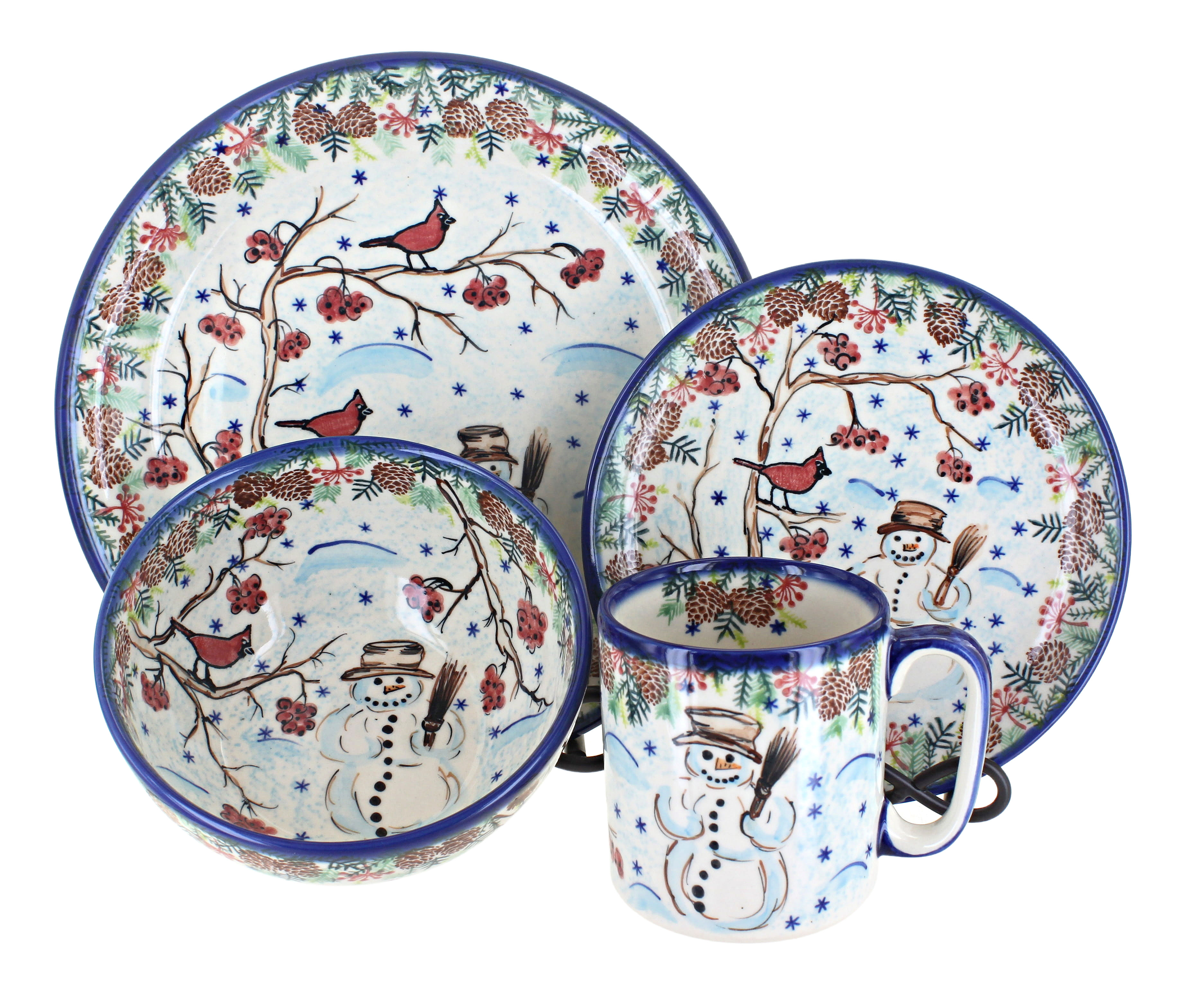 Blue Rose Polish Pottery | Little Snowman 16 Piece Dinner Set