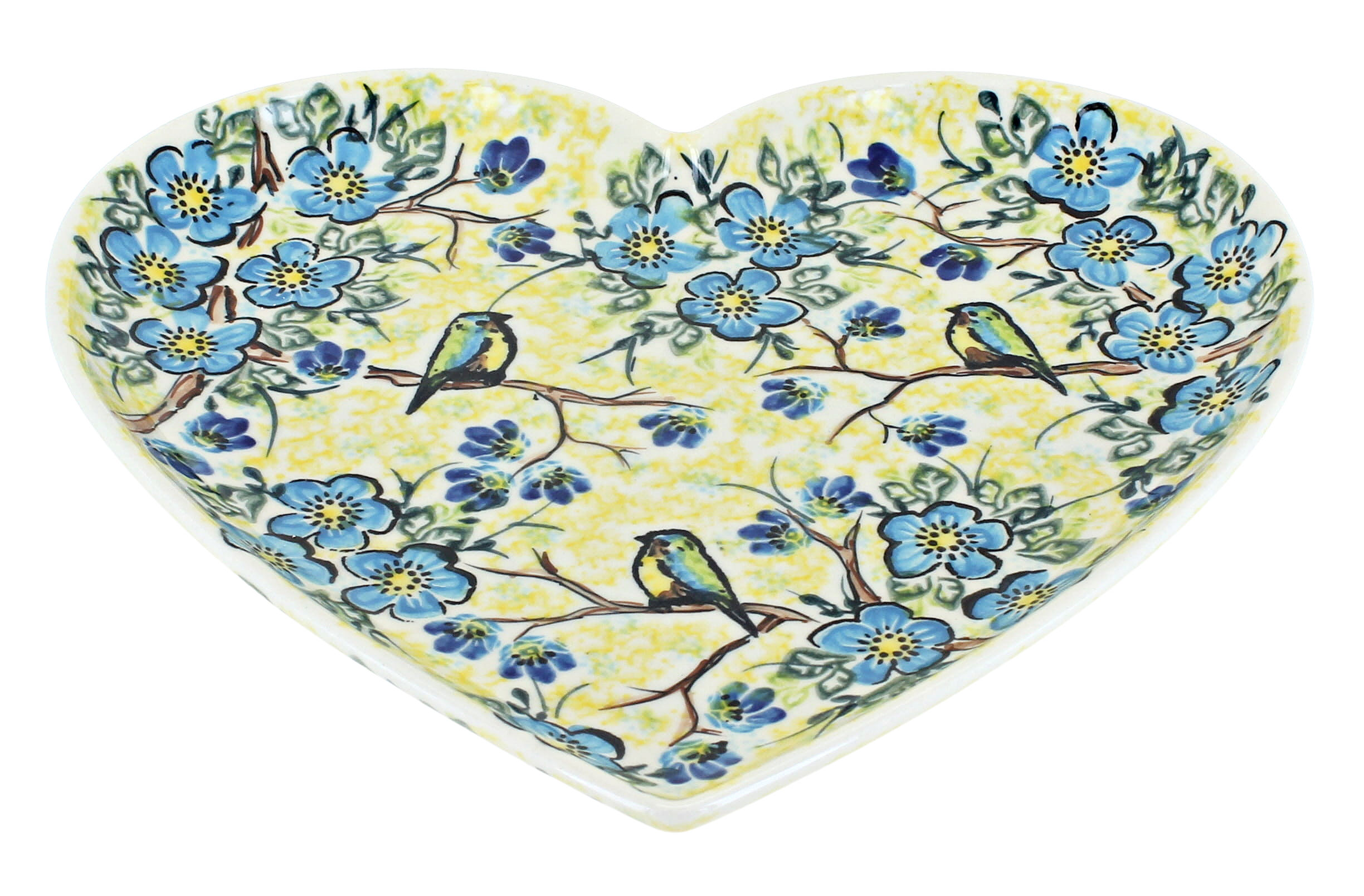 Blue Rose Polish Pottery | Bluebird Garden Large Heart Plate