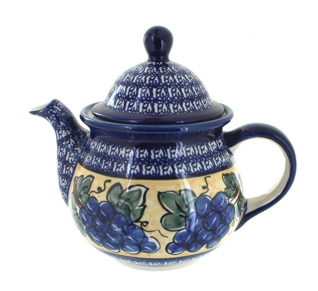 Blue Rose Polish Pottery | Grapes Large Teapot with Cobalt Rim