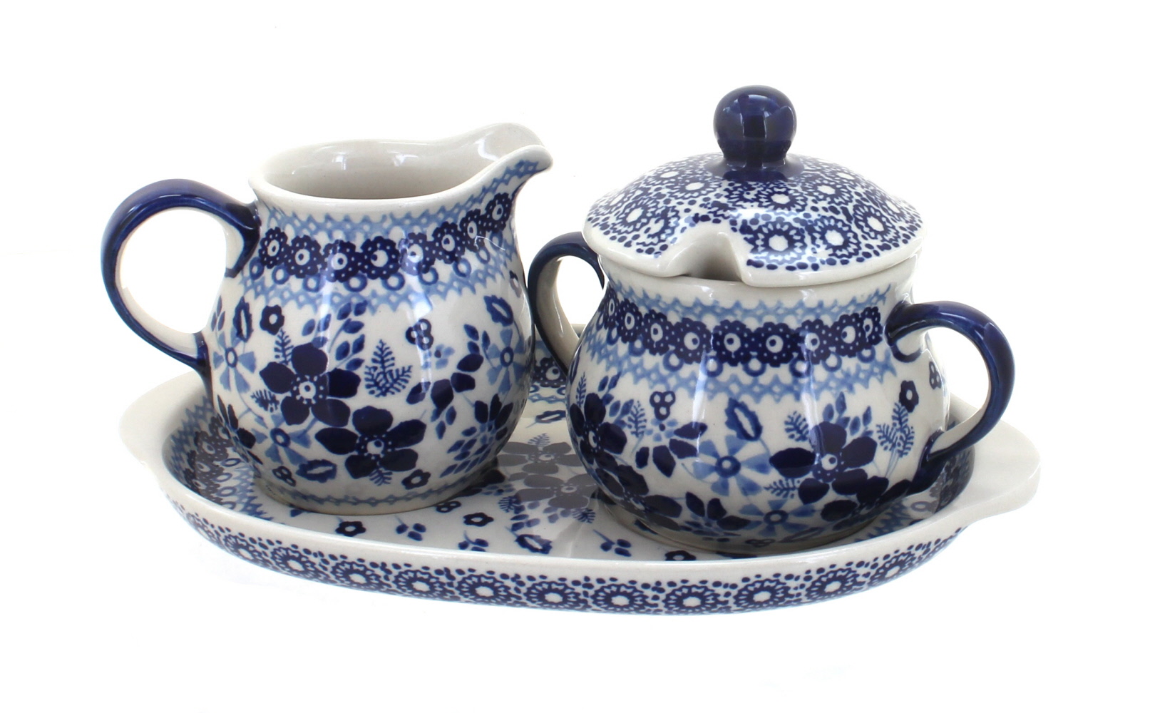 Blue Rose Polish Pottery | Vintage Blue Daisy Sugar & Creamer with Tray