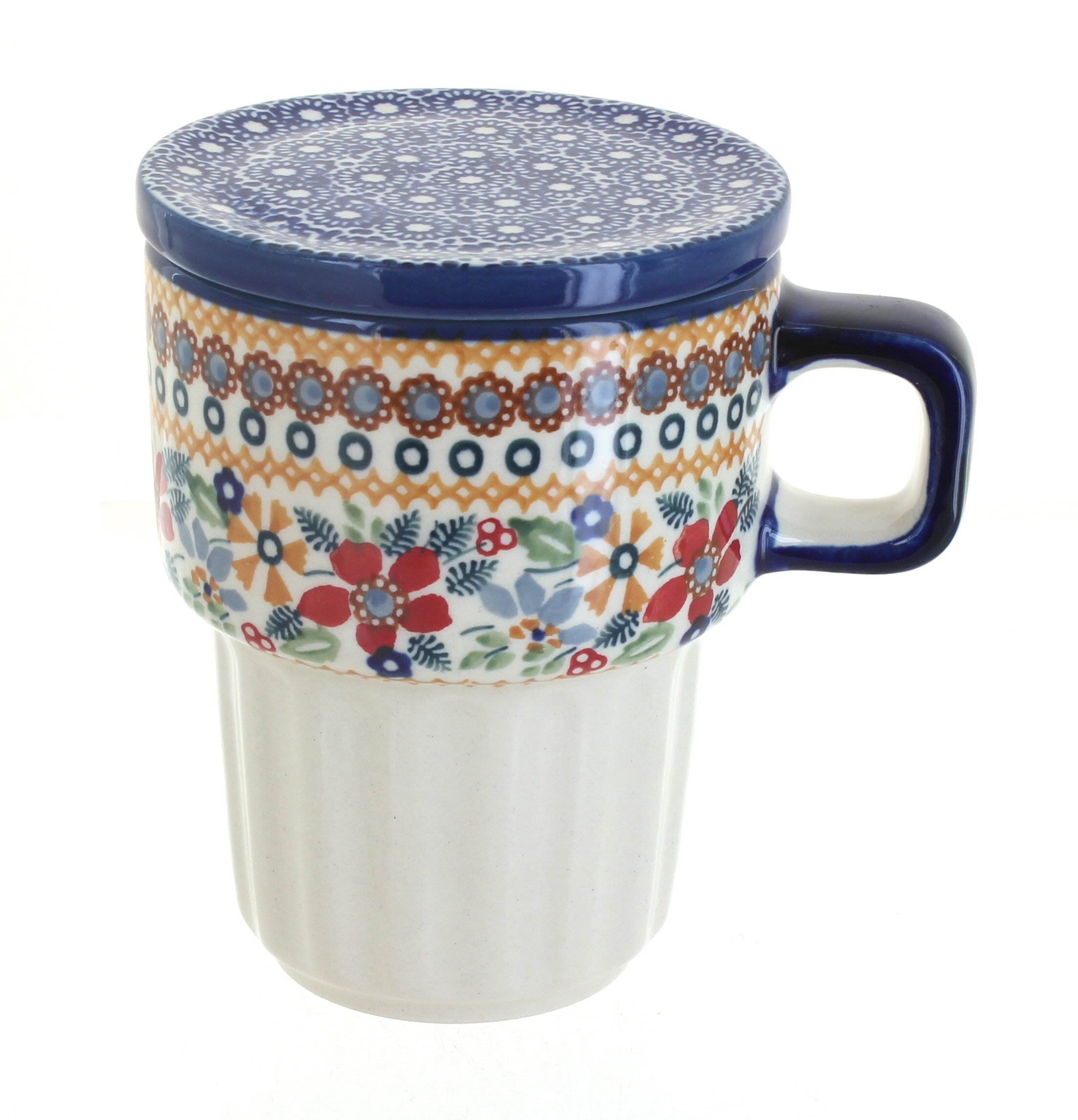 Blue Rose Polish Pottery | Red Daisy Large Mug with Lid