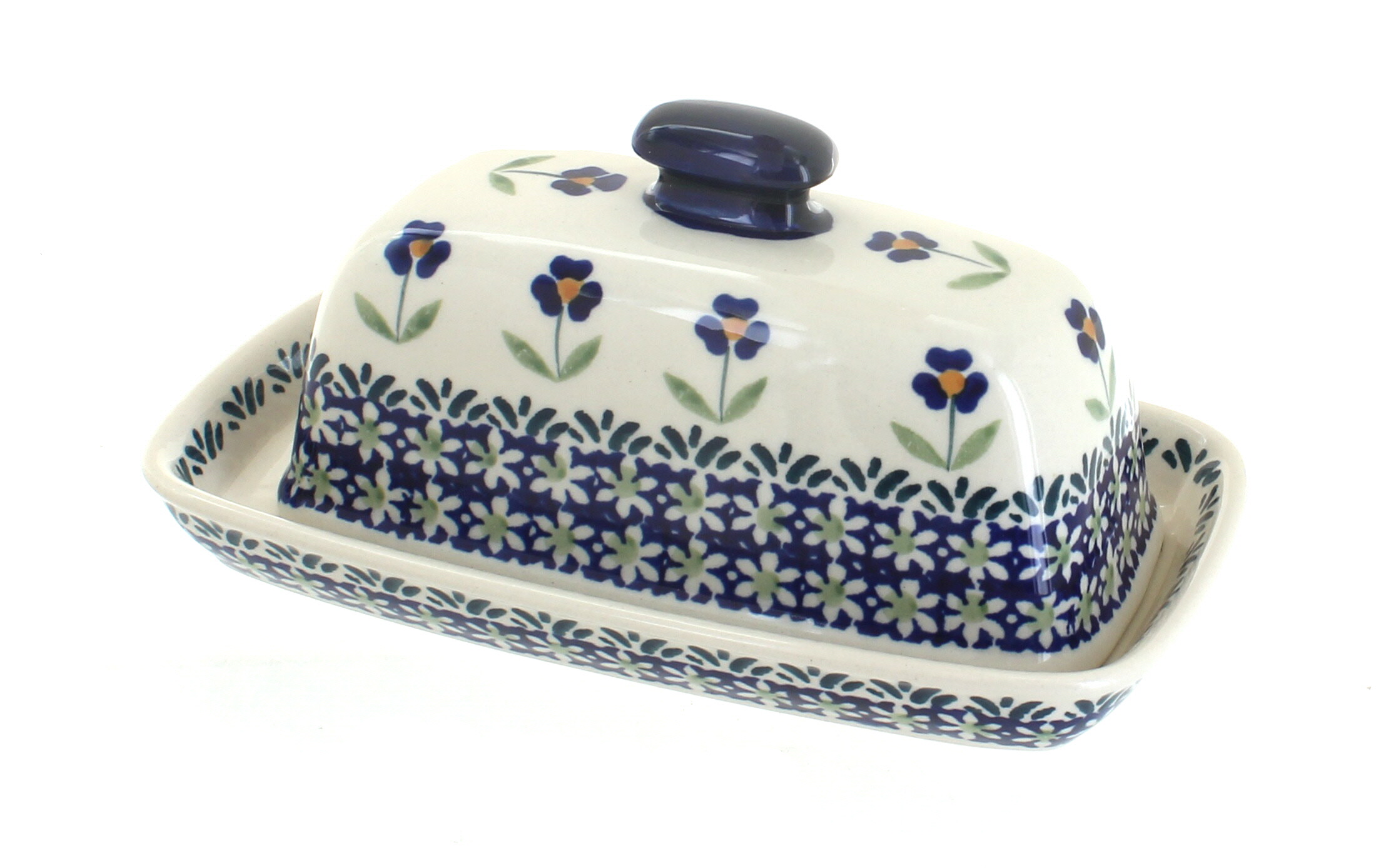 Blue Rose Polish Pottery | Blue Daisy Butter Dish
