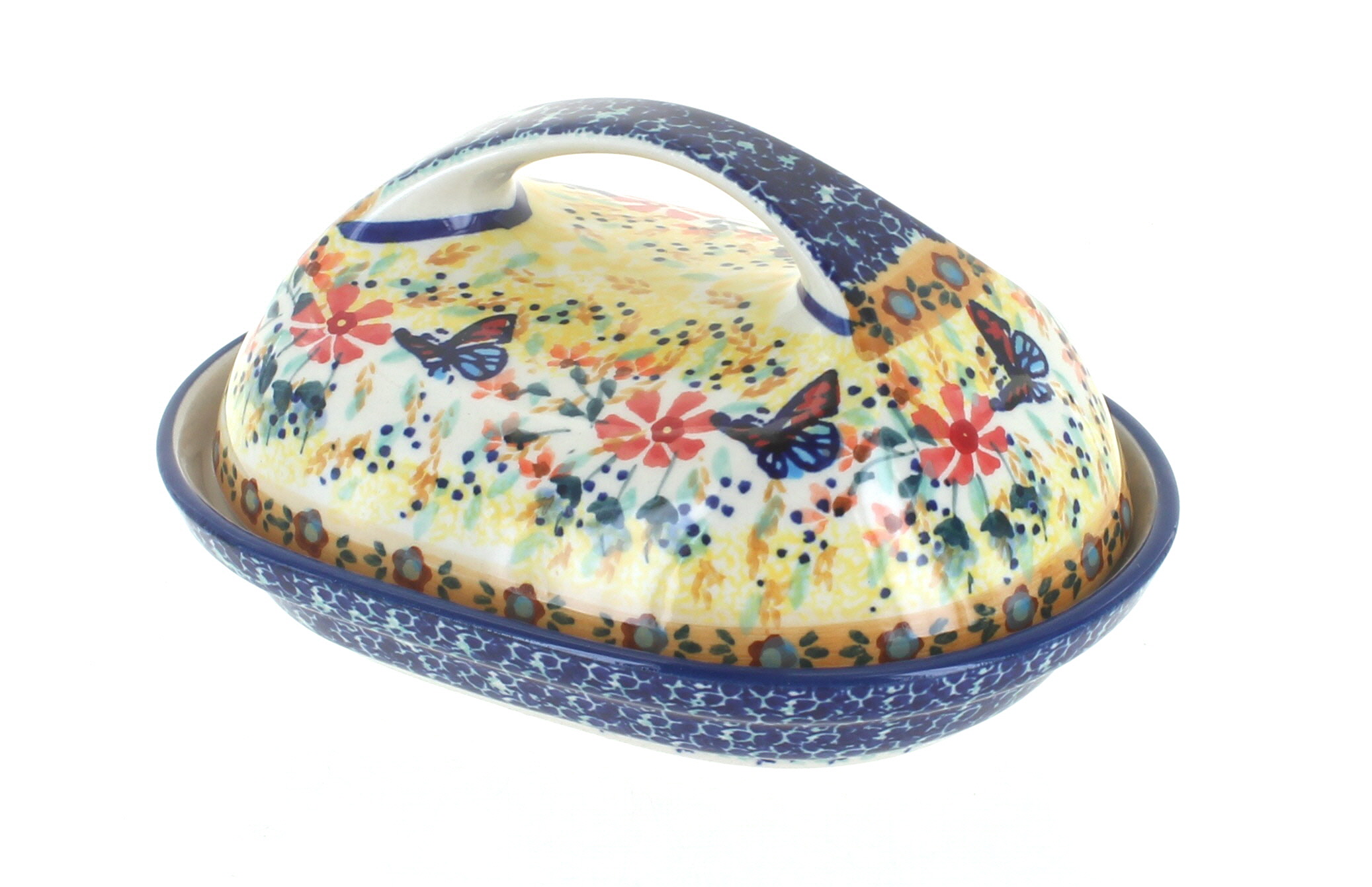 Blue Rose Polish Pottery | Blue Butterfly Butter Dish with Handle