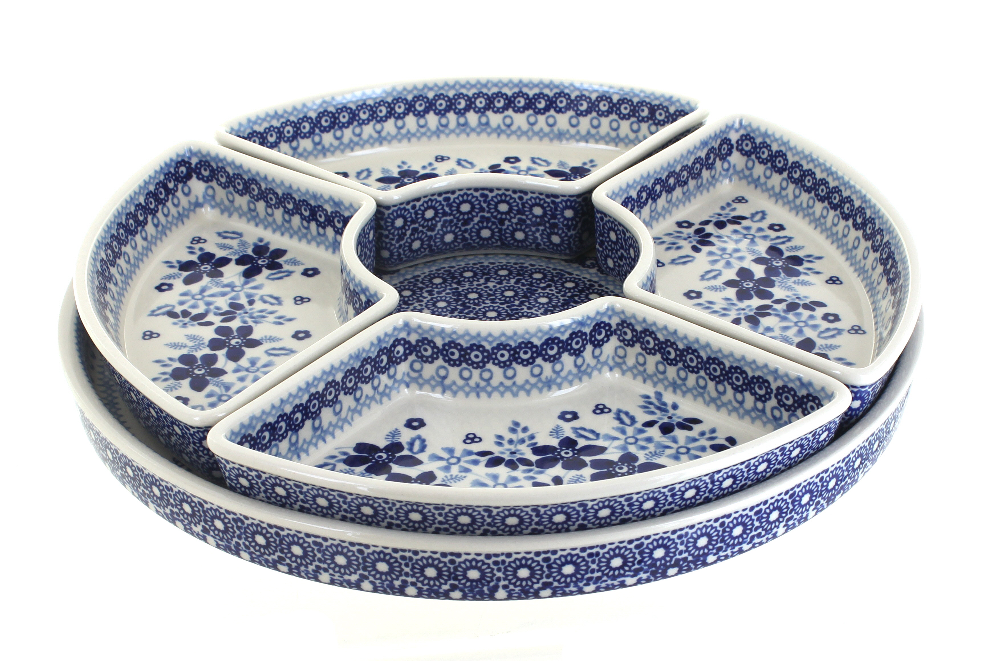 Blue Rose Polish Pottery | Vintage Blue Daisy Tray with 4 Plates