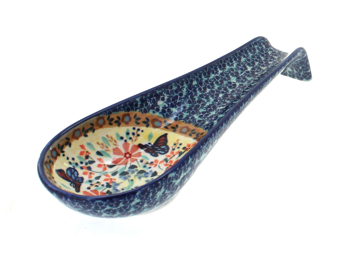Blue Rose Polish Pottery | Blue Butterfly Medium Spoon Rest