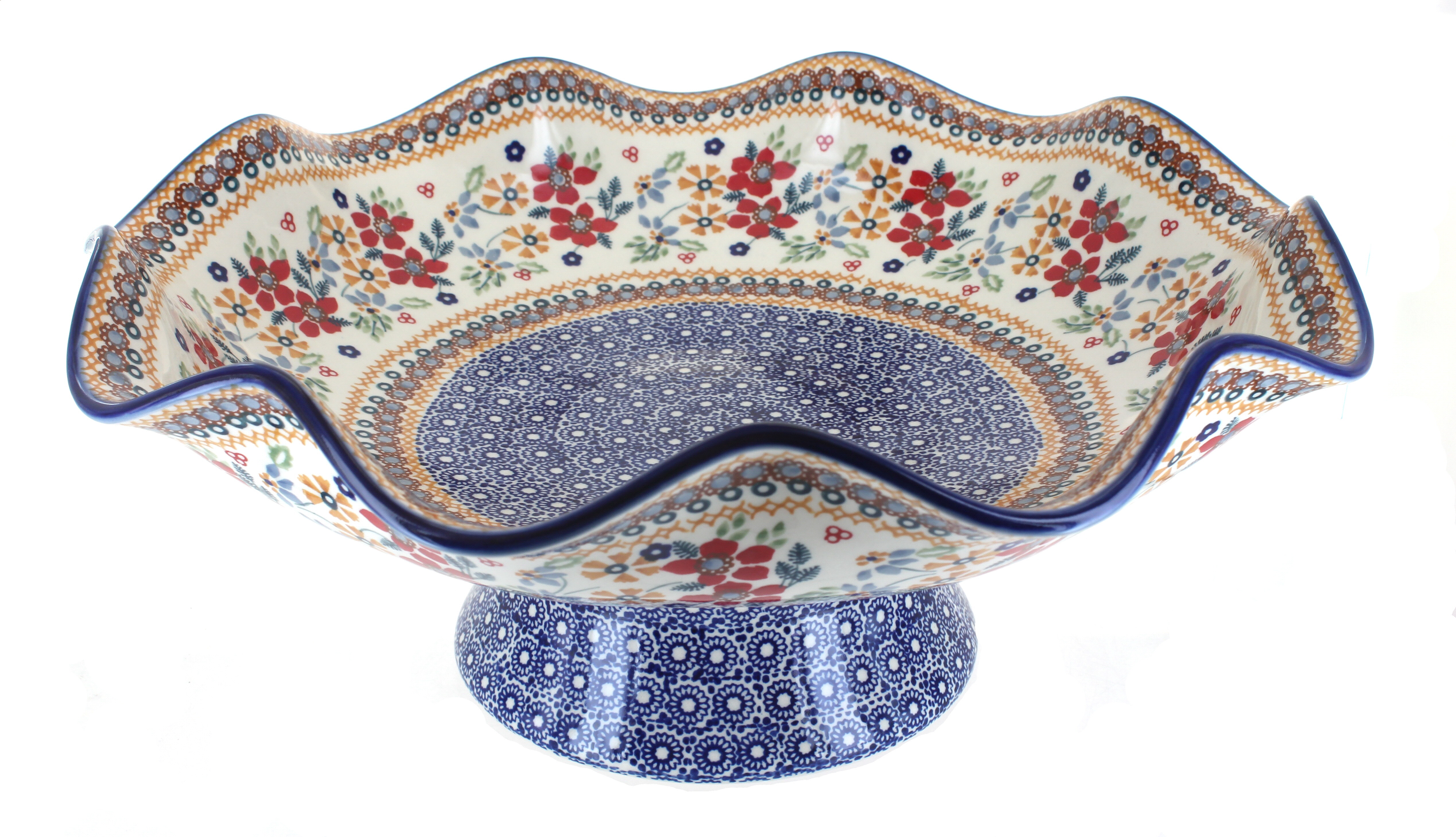 Blue Rose Polish Pottery | Red Daisy Large Fluted Pedestal Bowl