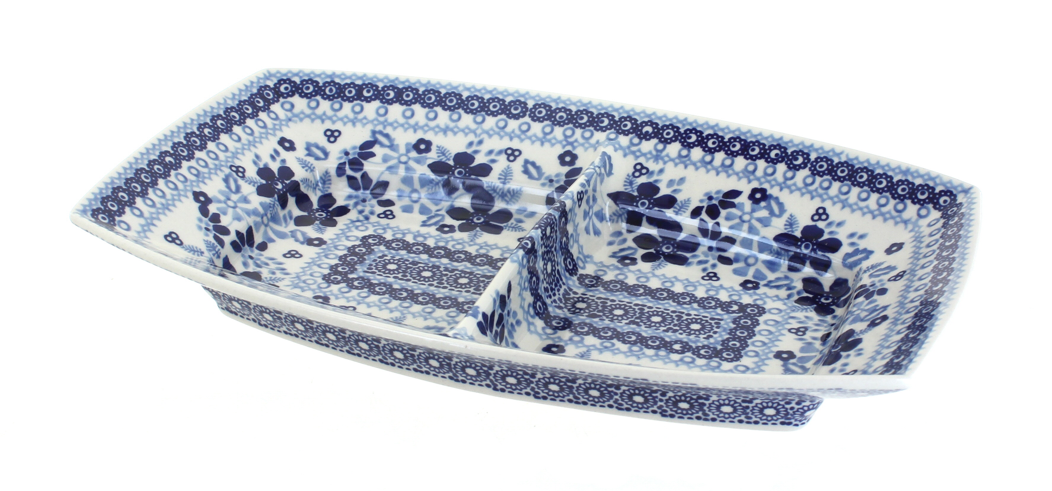 Blue Rose Polish Pottery | Vintage Blue Daisy Divided Dish