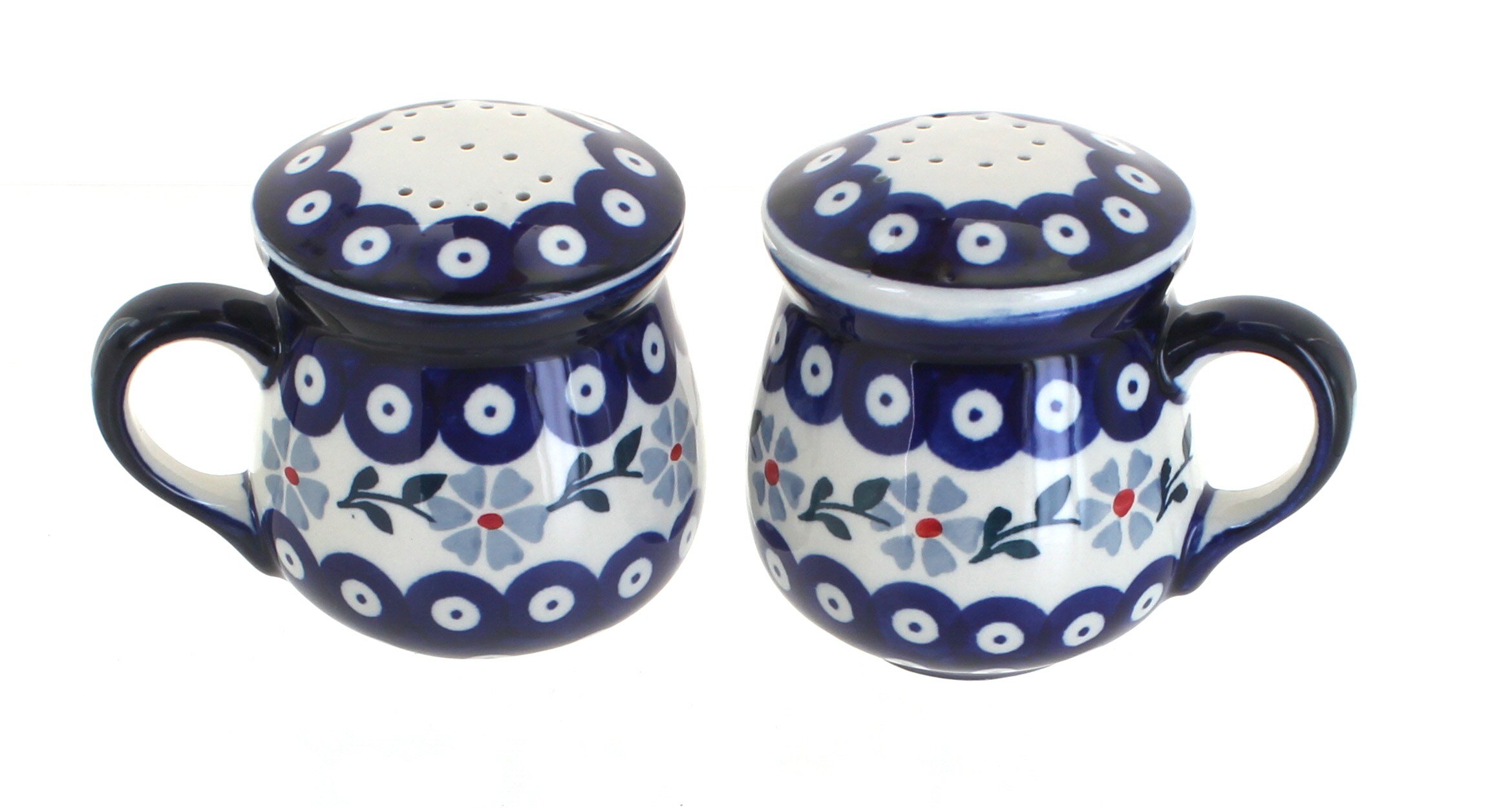 Blue Rose Polish Pottery | Blue Violet Salt & Pepper Shakers with Handles