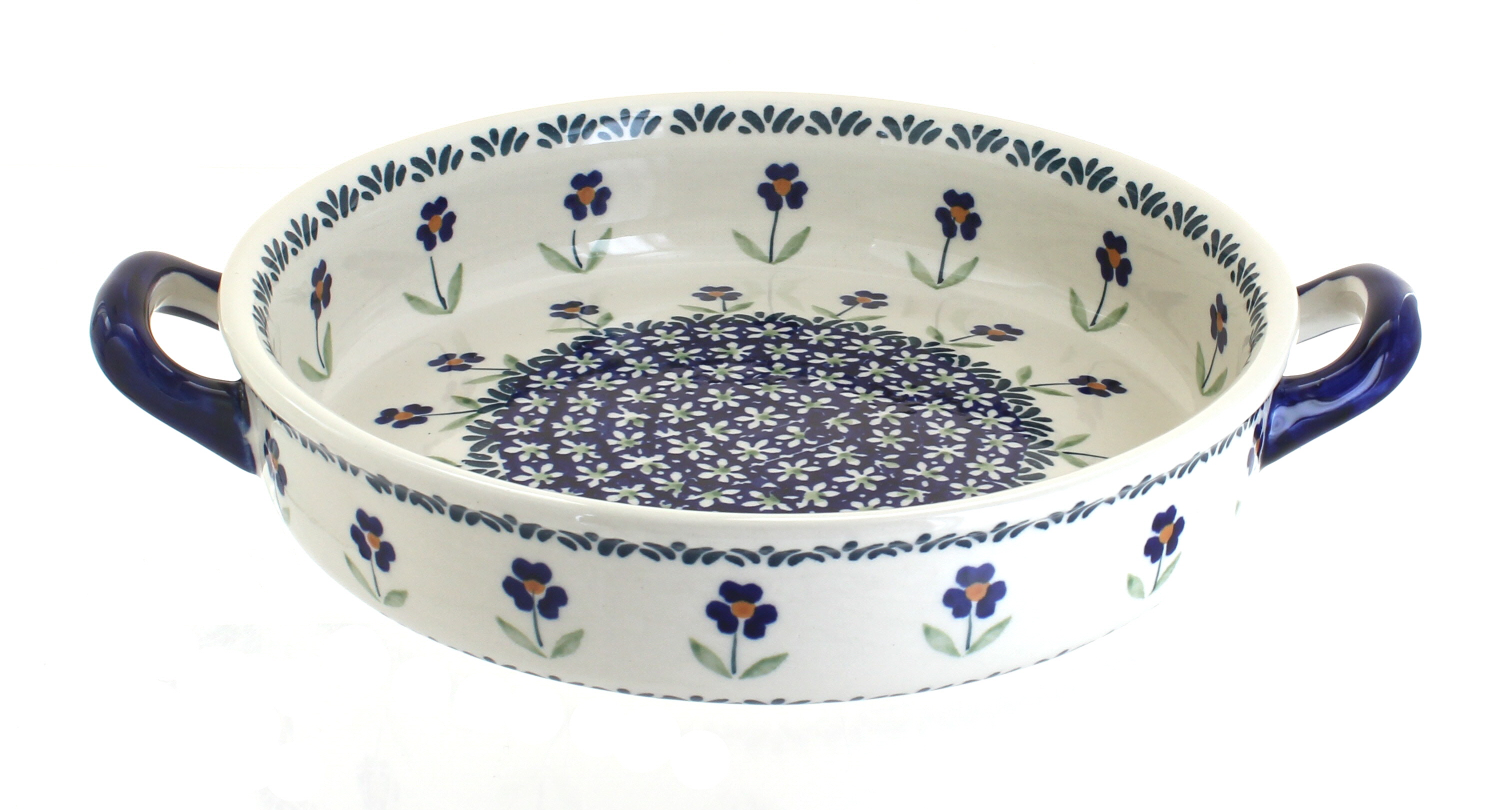 Blue Rose Polish Pottery | Blue Daisy Small Round Baker with Handles