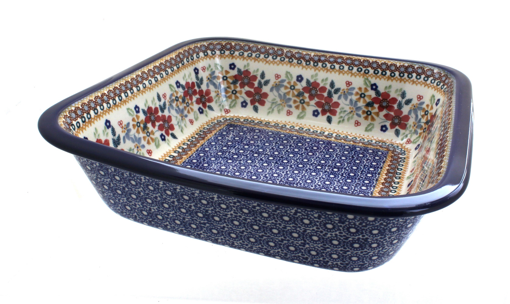 Blue Rose Polish Pottery | Red Daisy Large Square Baker