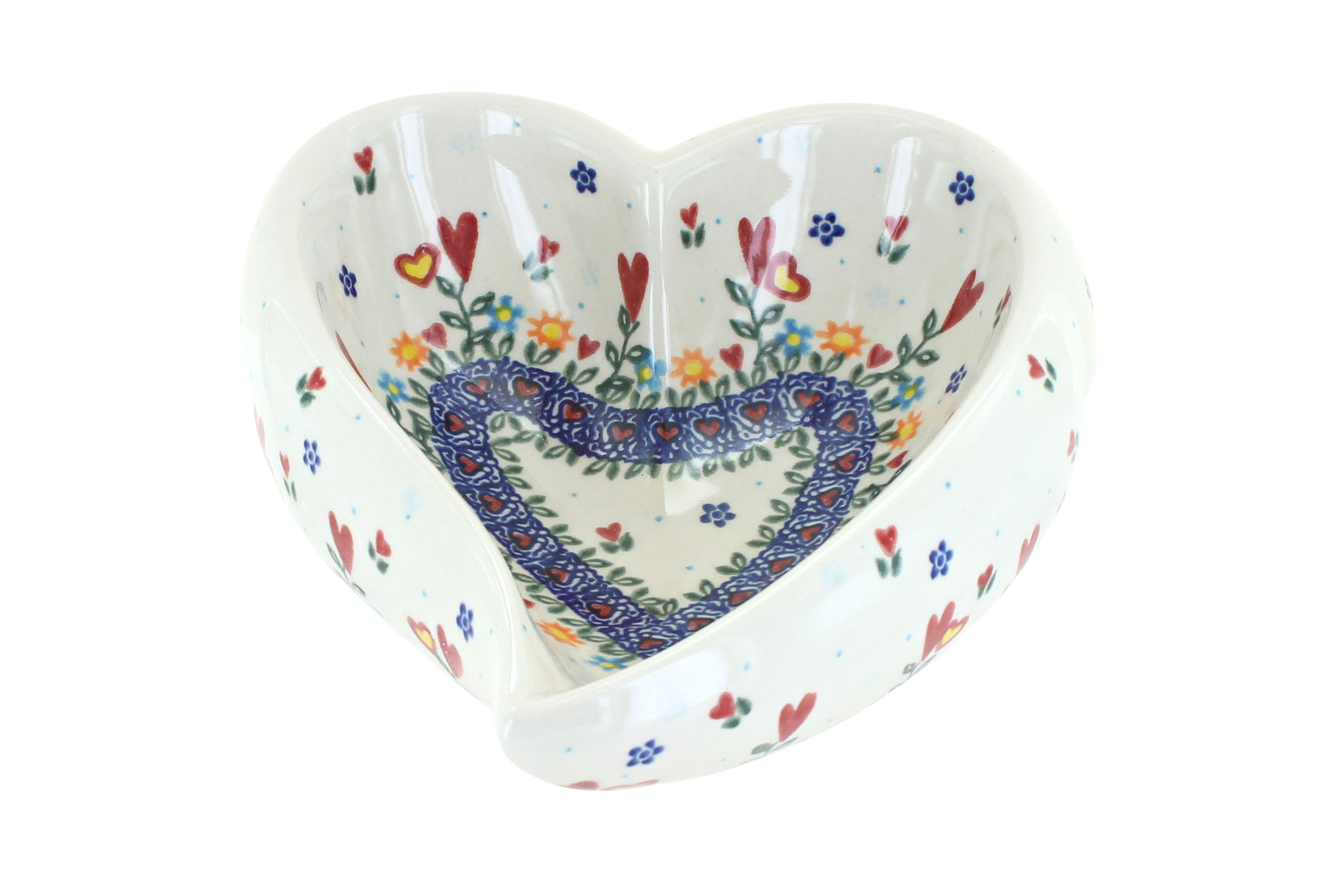 Blue Rose Polish Pottery | Hearts & Flowers Shaped Heart Bowl